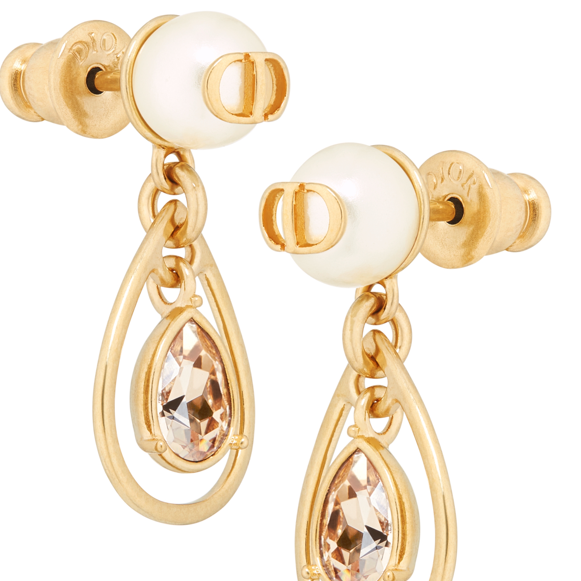 Boucles d'oreilles D-Drop Métal finition dorée, perles en résine blanche et cristaux couleur ...