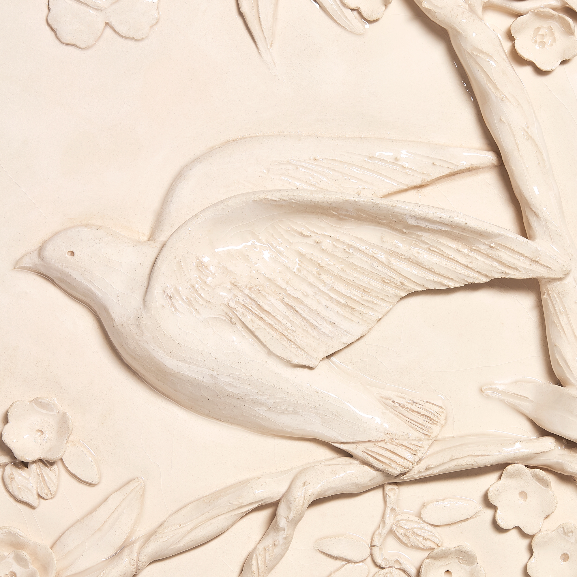 LIMITED EDITION Decorative Artwork Beige Ceramic with Bas-Relief Bird ...