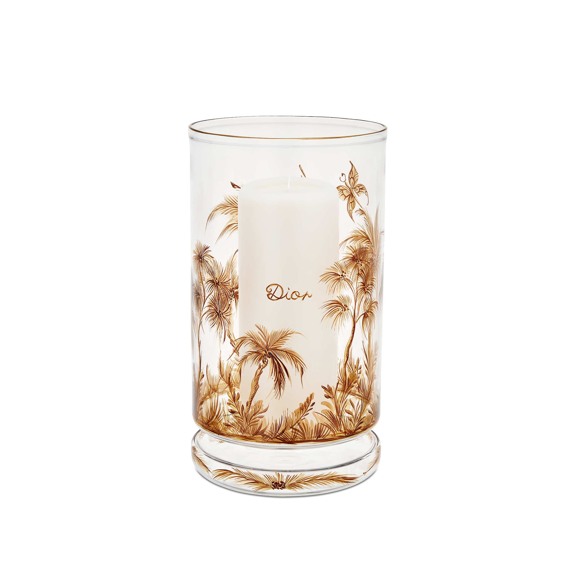 Mini Lamp Transparent Glass Hand Painted with Beige Toile de Jouy Palms ...