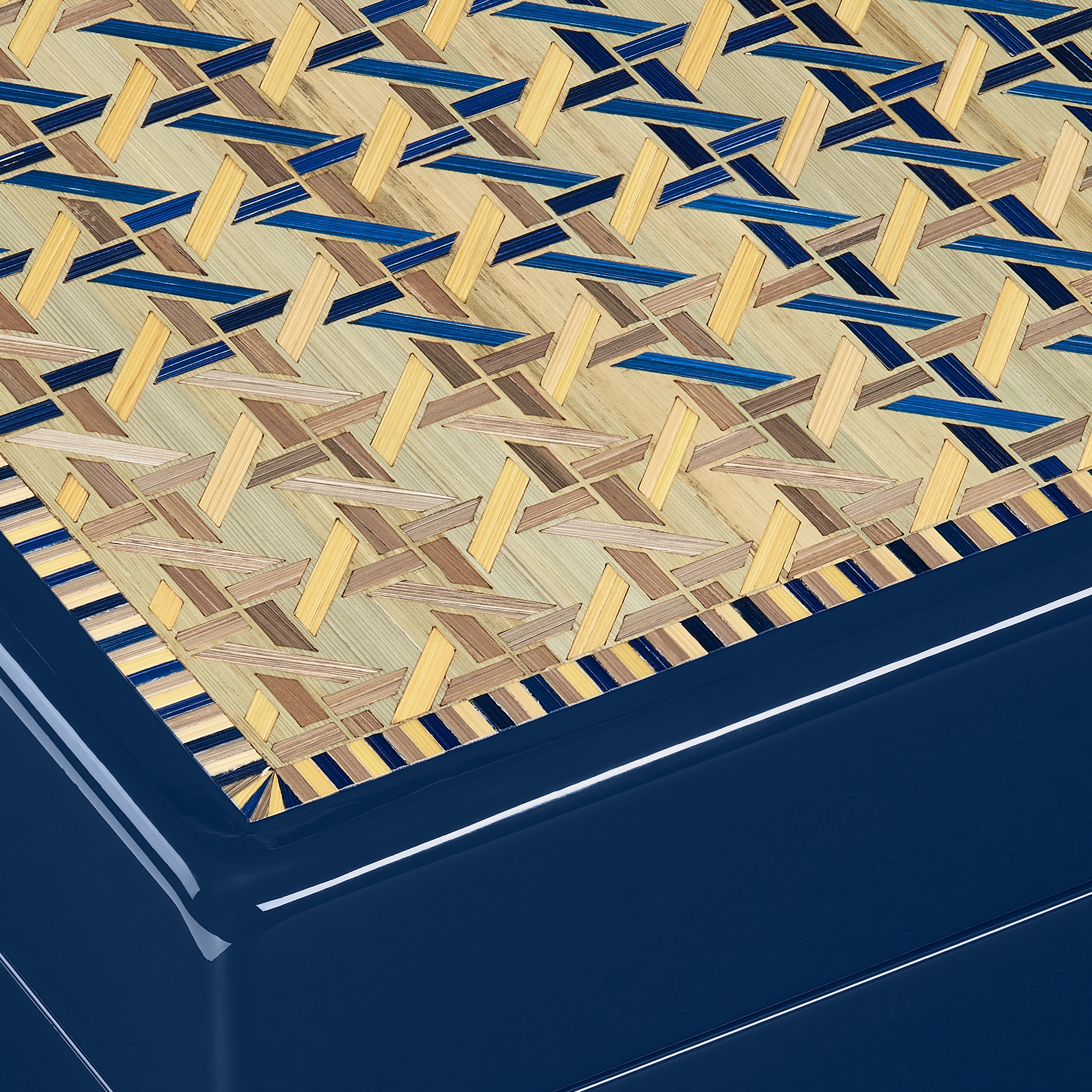 Large Jewelry Box Blue Cannage Tartan Lacquered Wood and Straw ...