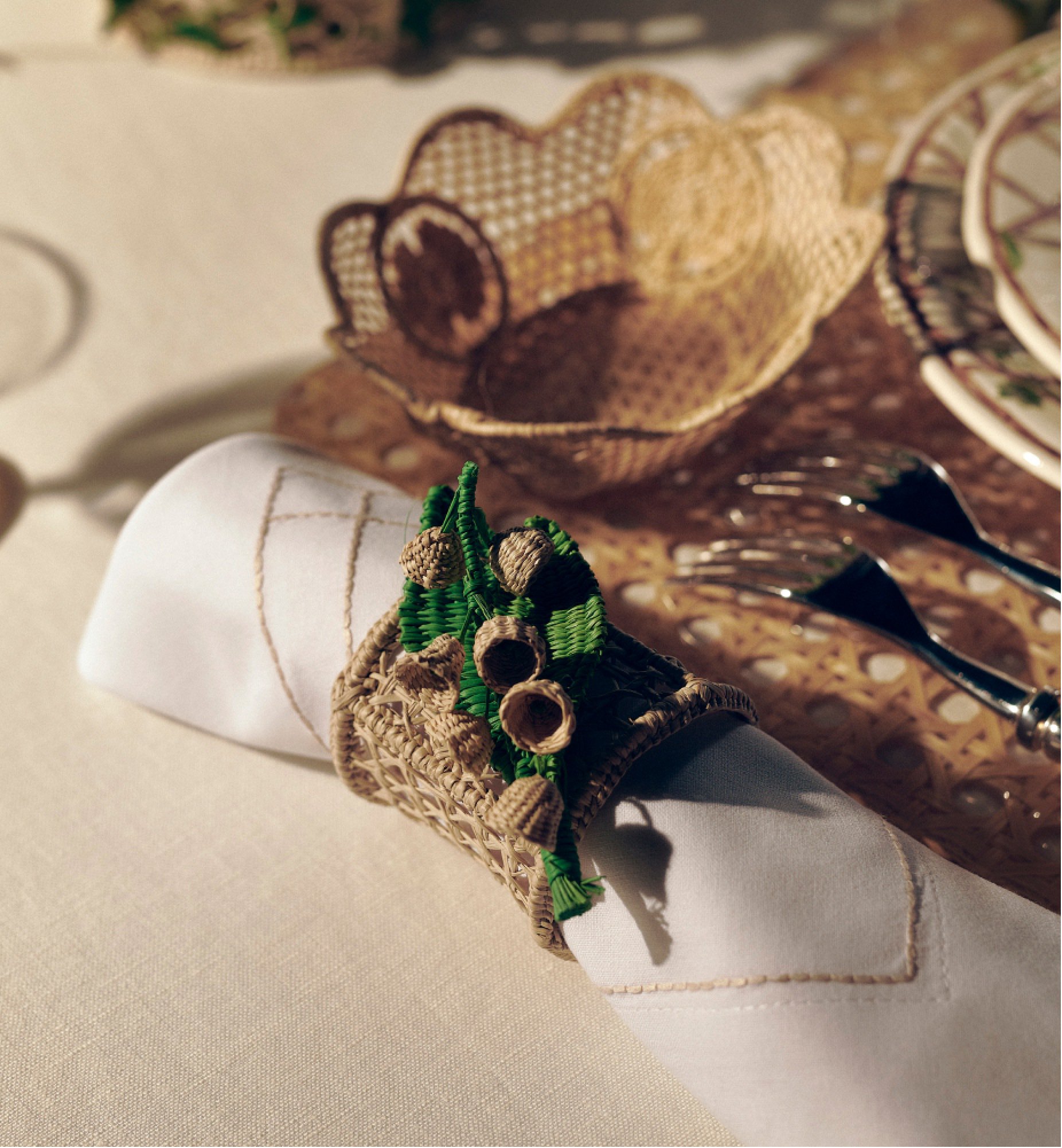 Set de table et serviette de table Cannage, blanc et beige | DIOR