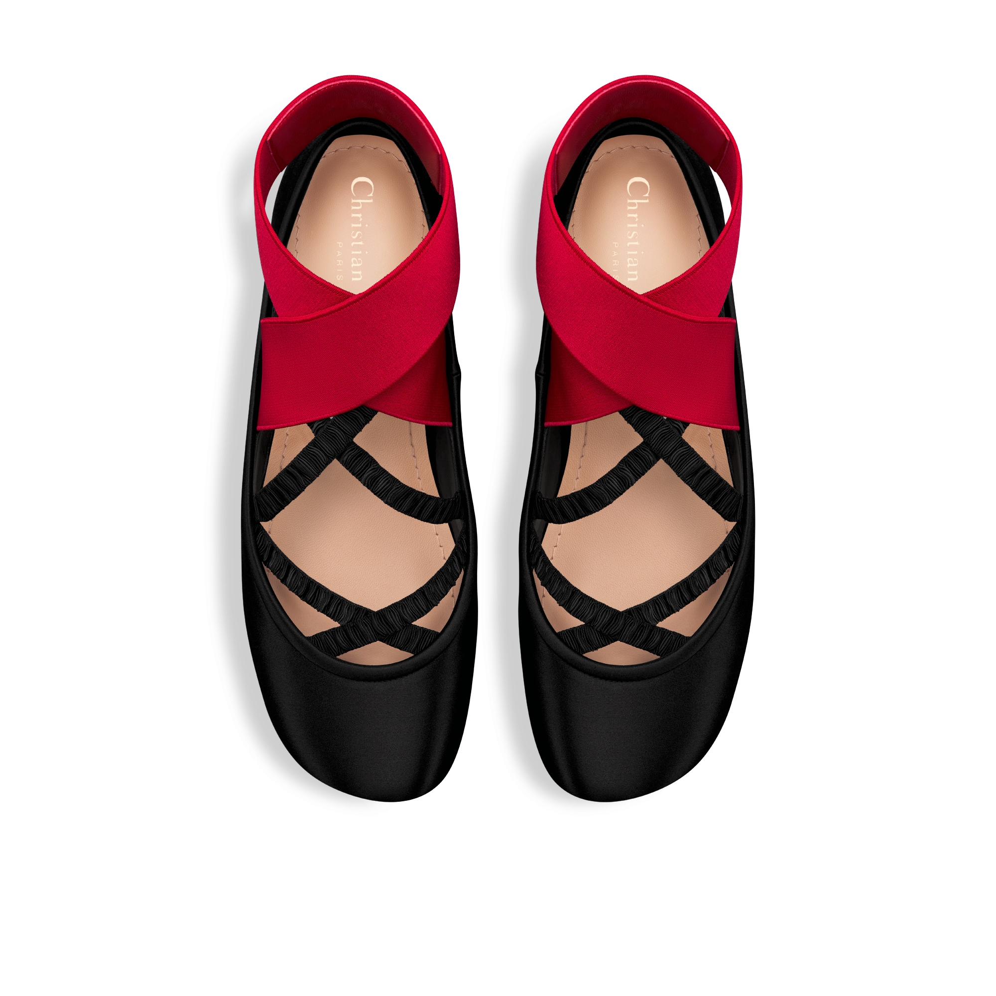 Ballerine Dior Shade Satin noir et brides élastiques rouges et noires ...