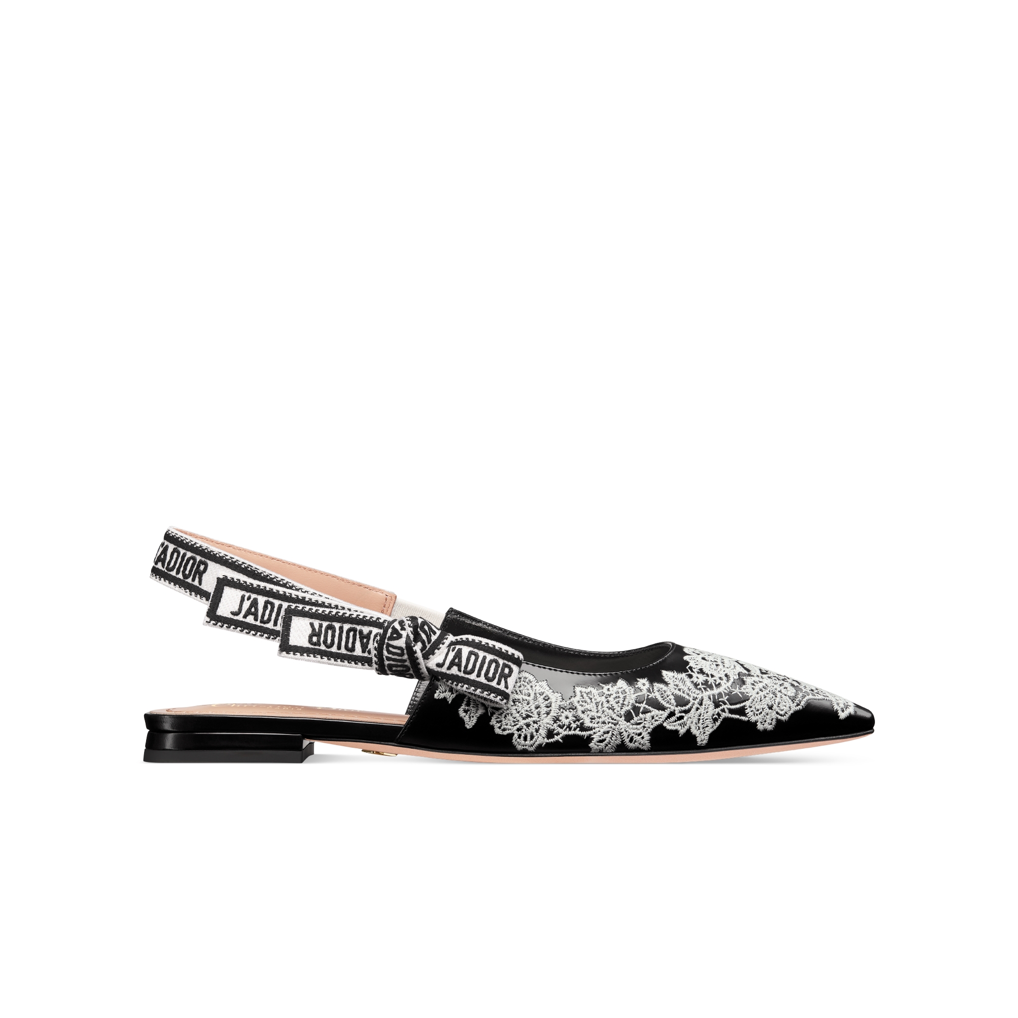 J'Adior Slingback Flat Black Calfskin Embroidered with White Roses | DIOR