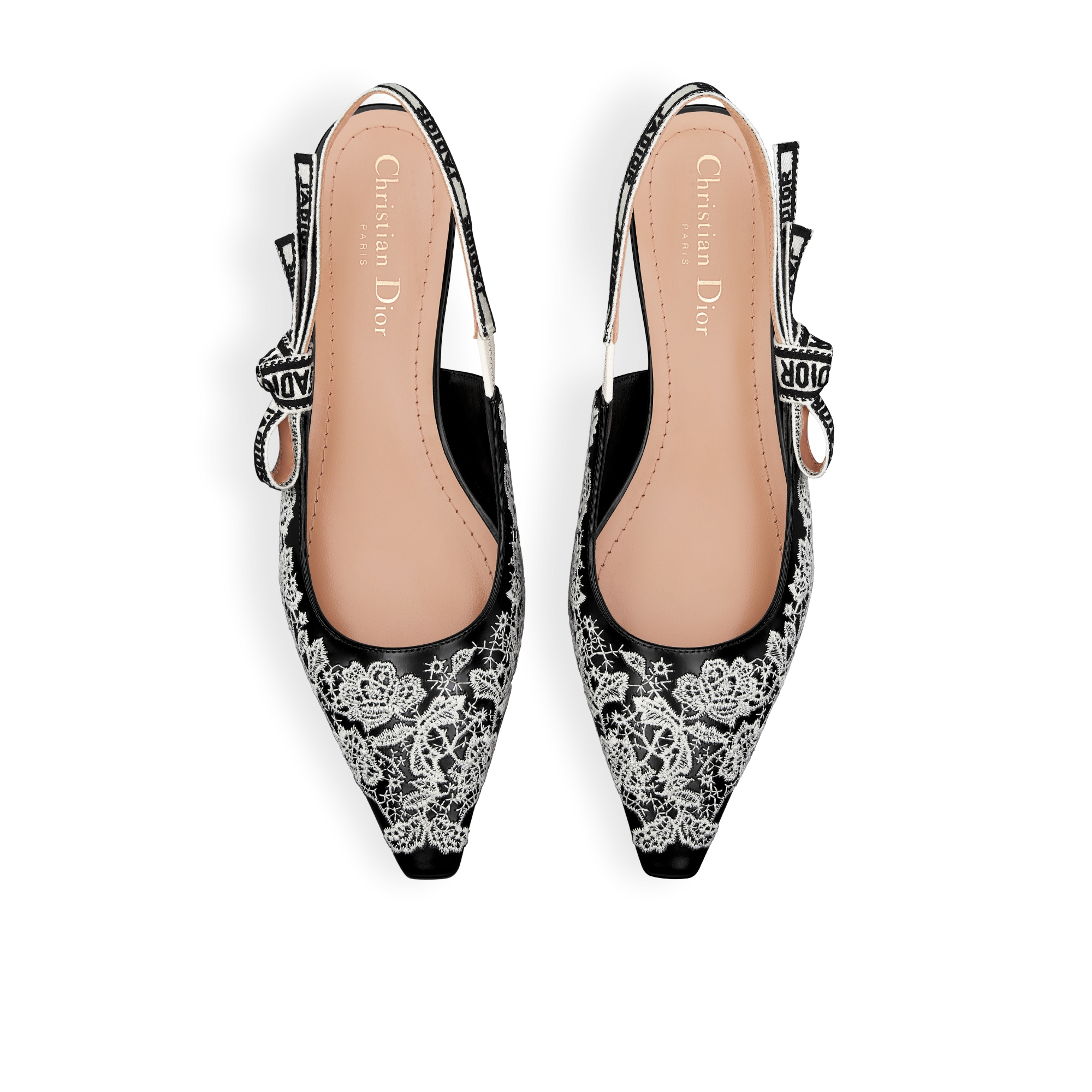 J'Adior Slingback Flat Black Calfskin Embroidered with White Roses | DIOR