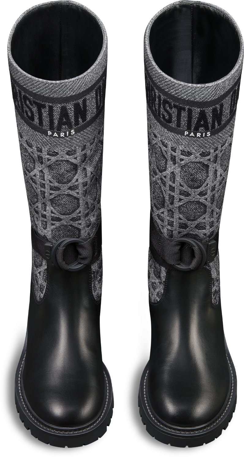 D-Major Boot Black Calfskin with Gray Embroidered Cannage Cotton | DIOR