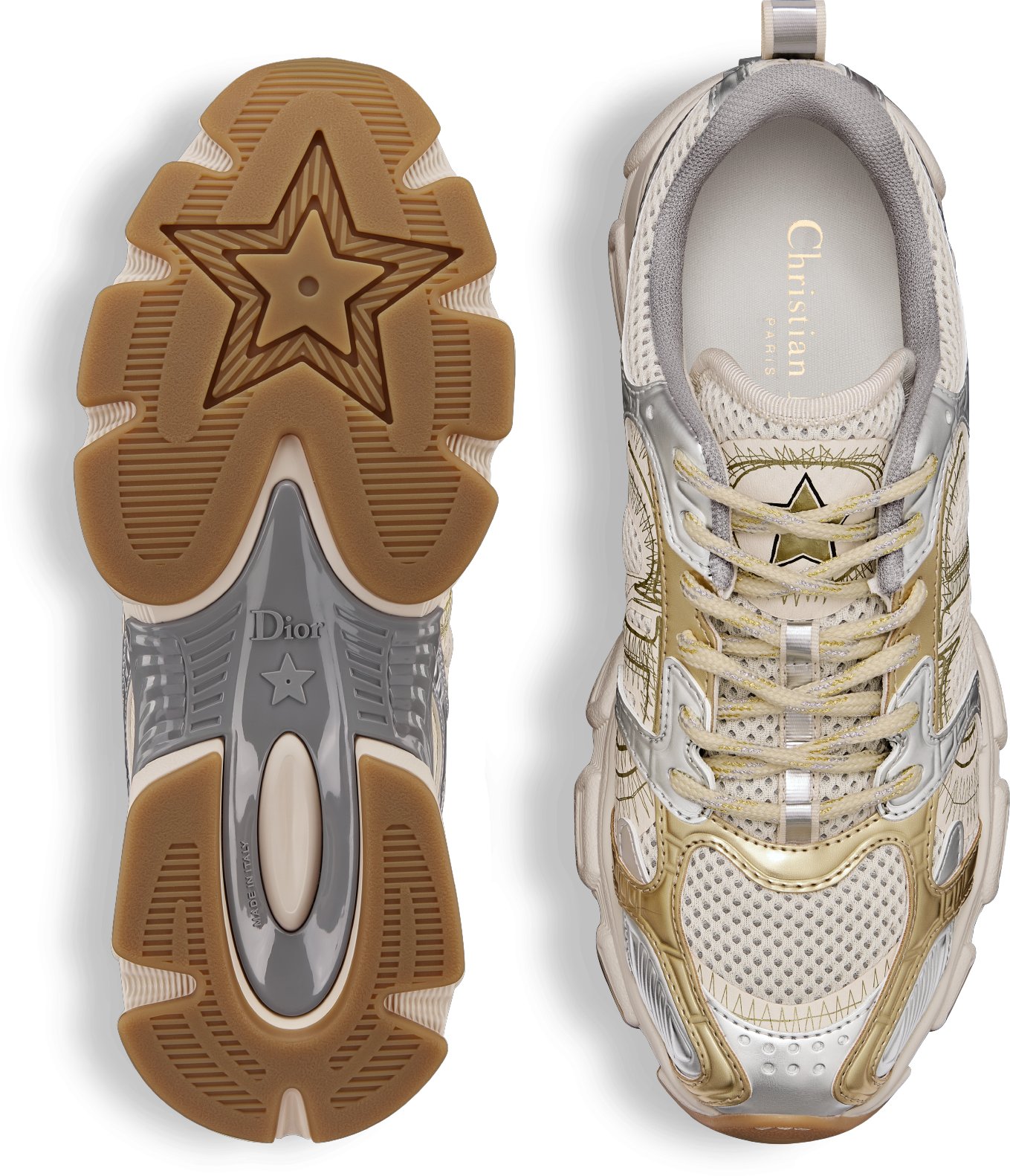 Dior Chrono Sneaker Beige Mesh with Gold-Tone and Silver-Tone Laminated ...
