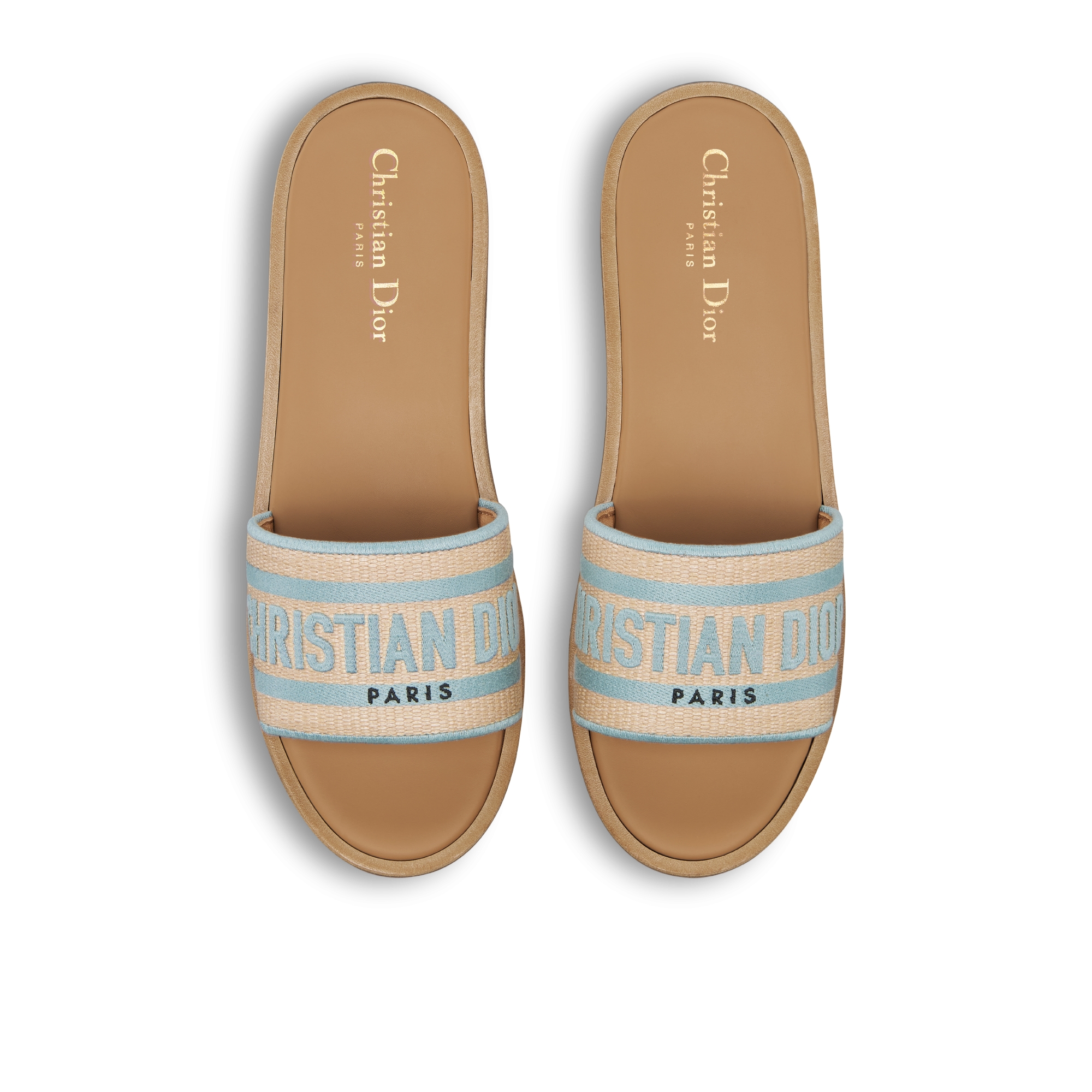 Dioriviera Dway Platform Slide Natural Raffia and Sky Blue Embroidered ...