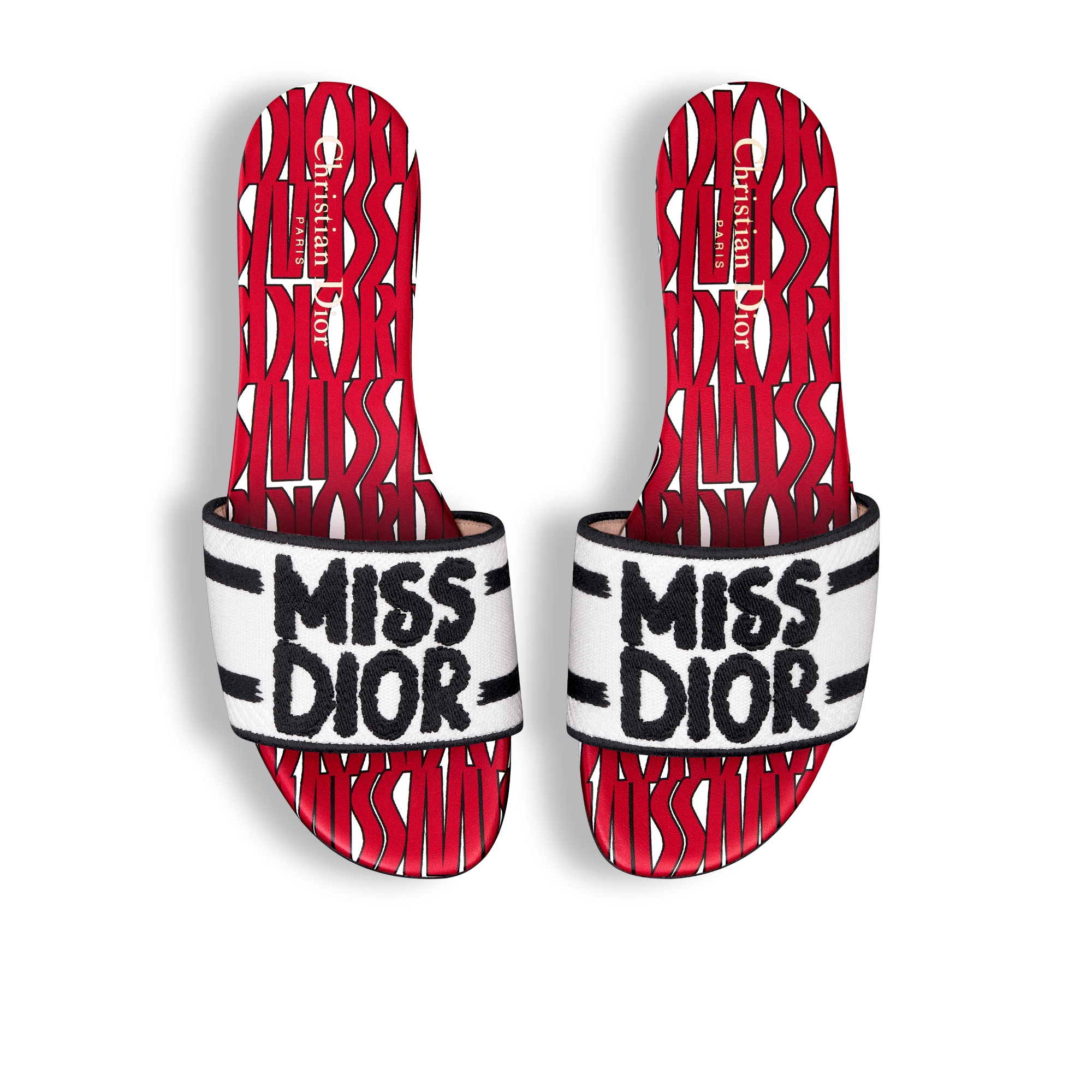 Dway Slide Embroidered Cotton and Red Miss Dior Allover Motif | DIOR