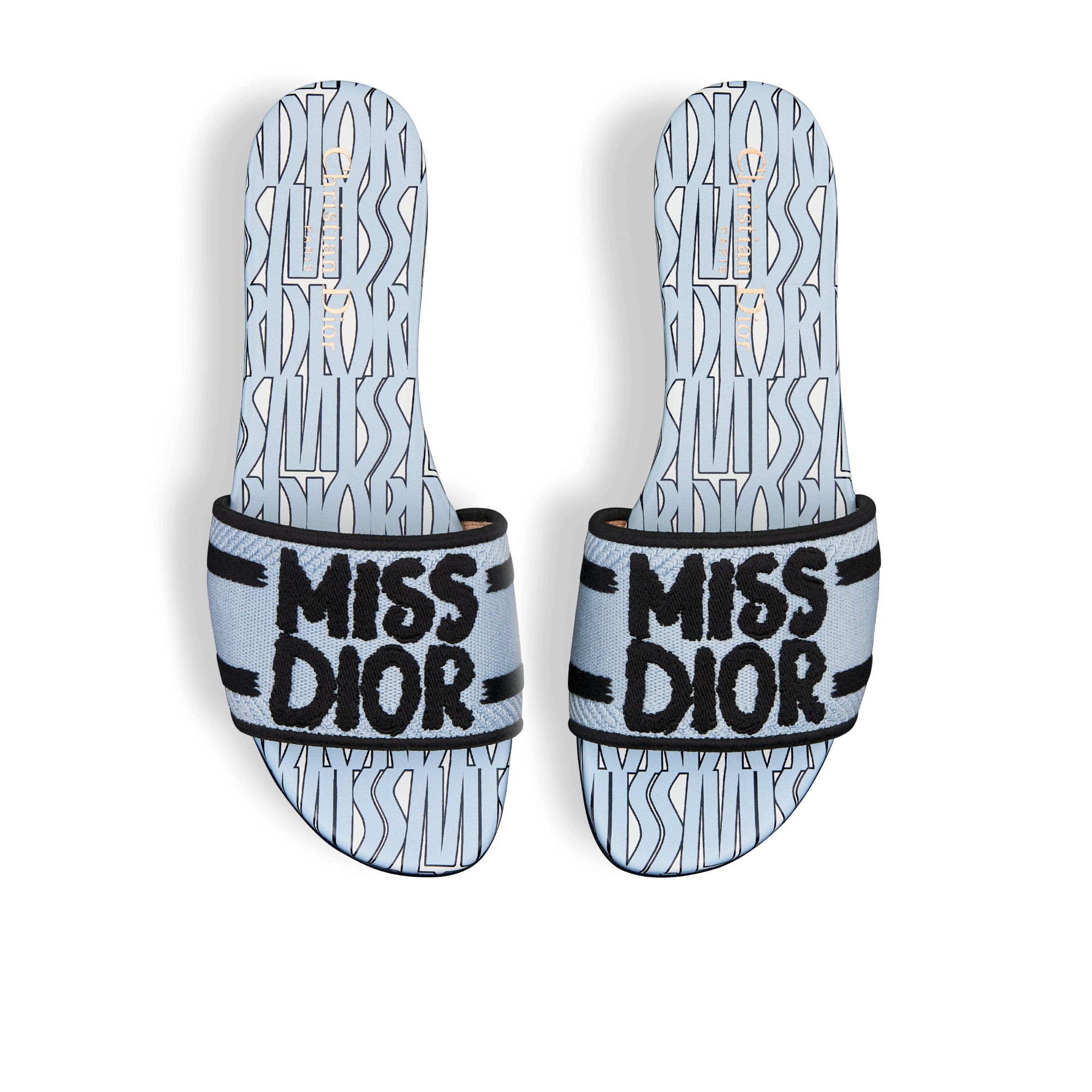 Dway Slide Embroidered Cotton and Pale Blue Miss Dior Allover Motif | DIOR