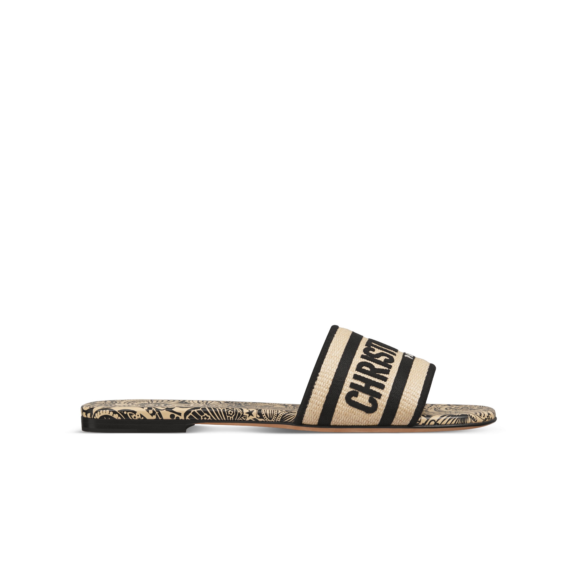 Dway Slide Natural Raffia and Black D-Butterfly Paisley Motif | DIOR