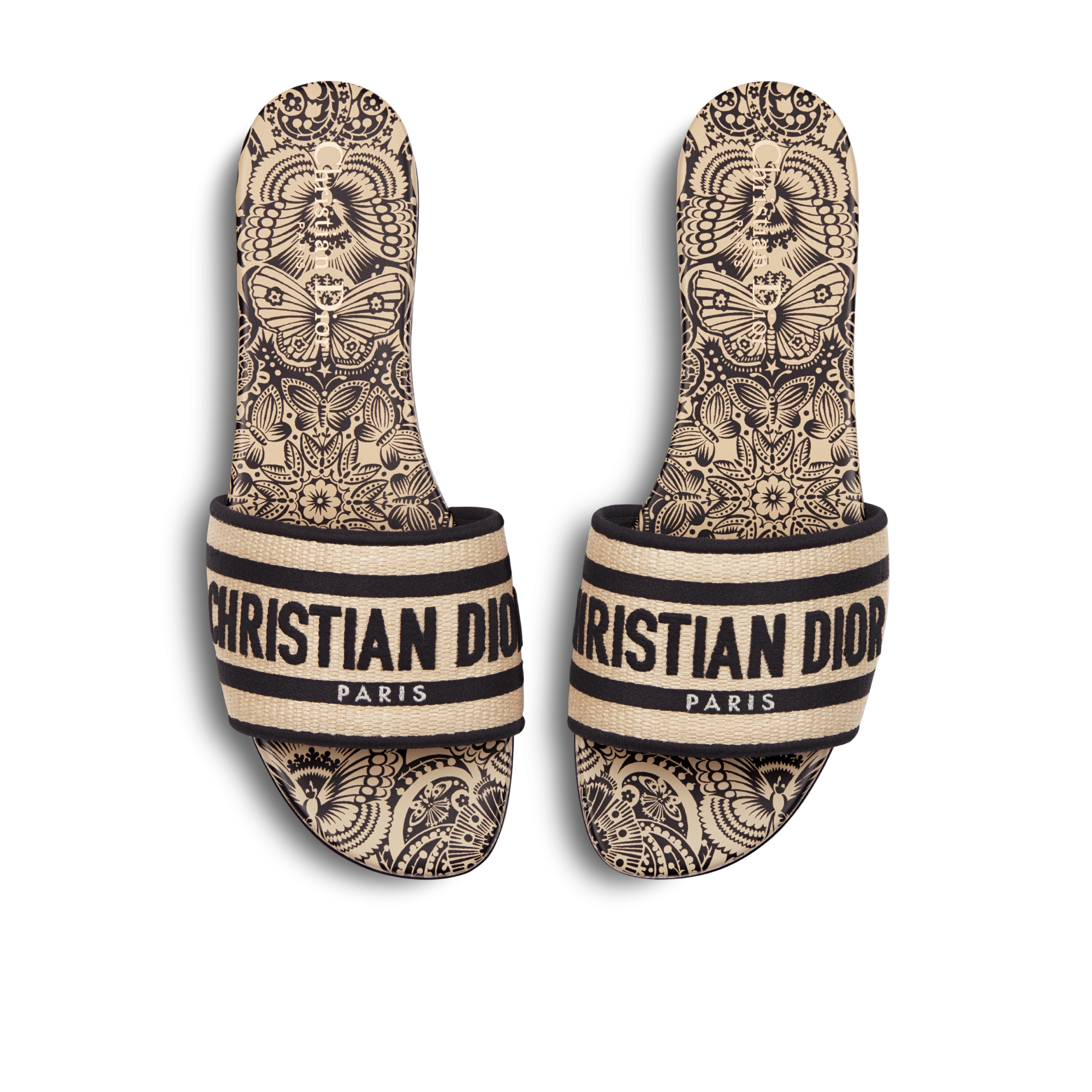 Dway Slide Natural Raffia and Black D-Butterfly Paisley Motif | DIOR
