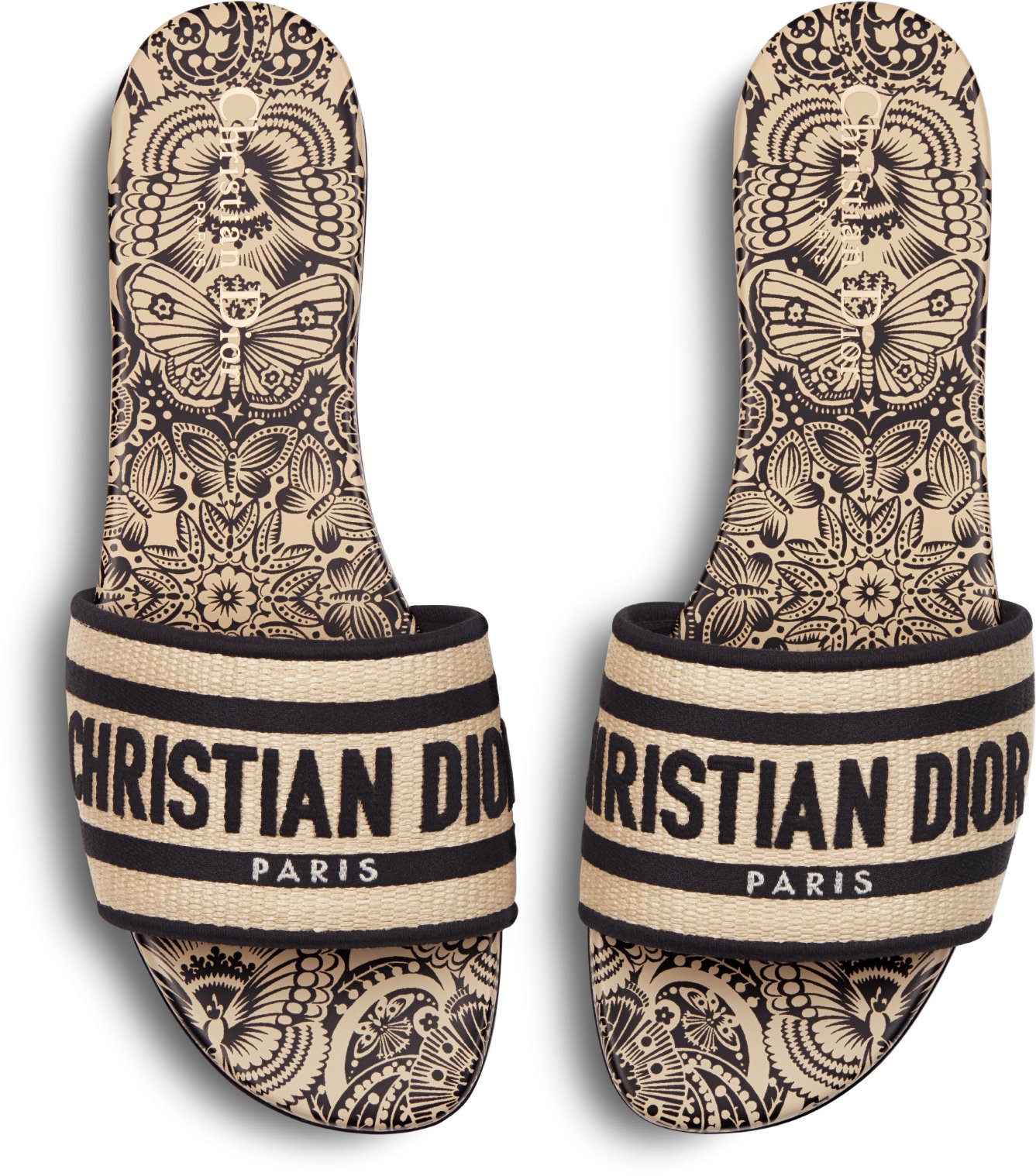 Dway Slide Natural Raffia and Black D-Butterfly Paisley Motif | DIOR