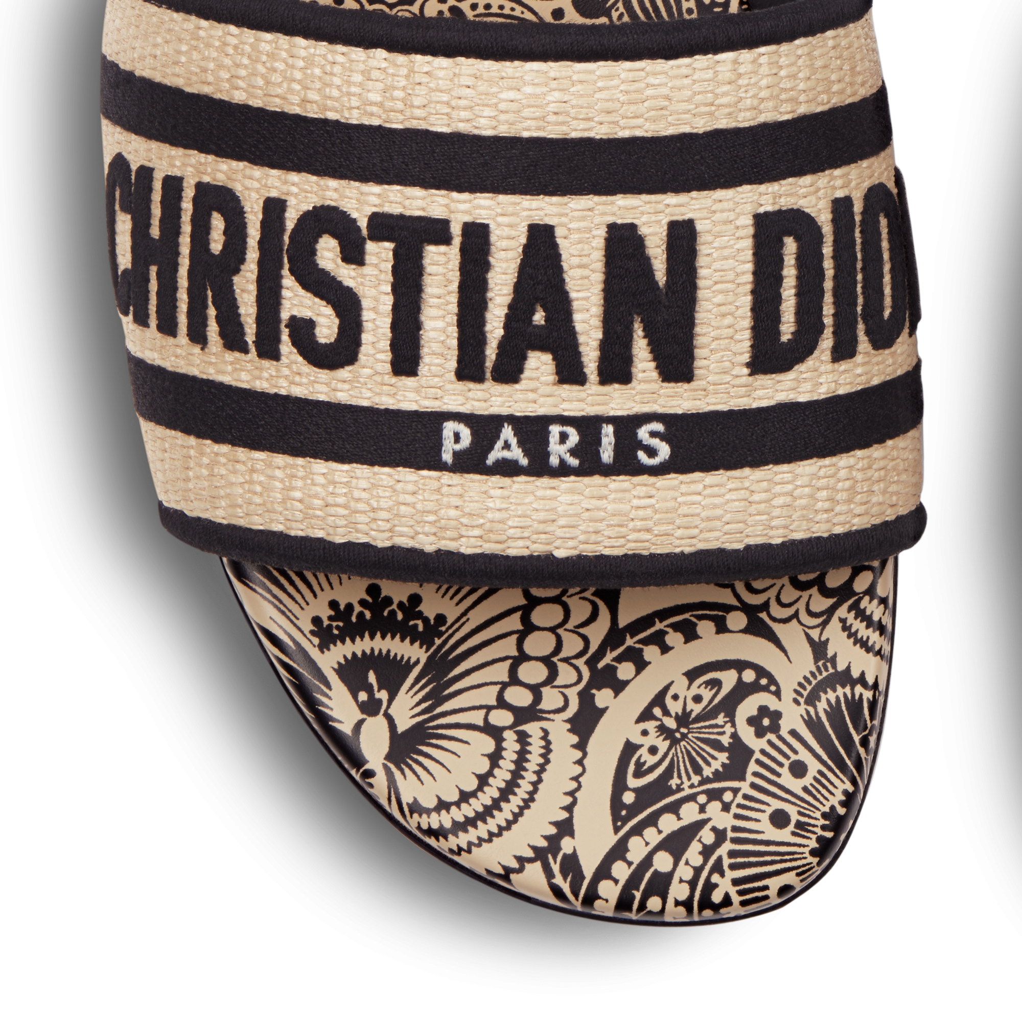 Dway Slide Natural Raffia and Black D-Butterfly Paisley Motif | DIOR