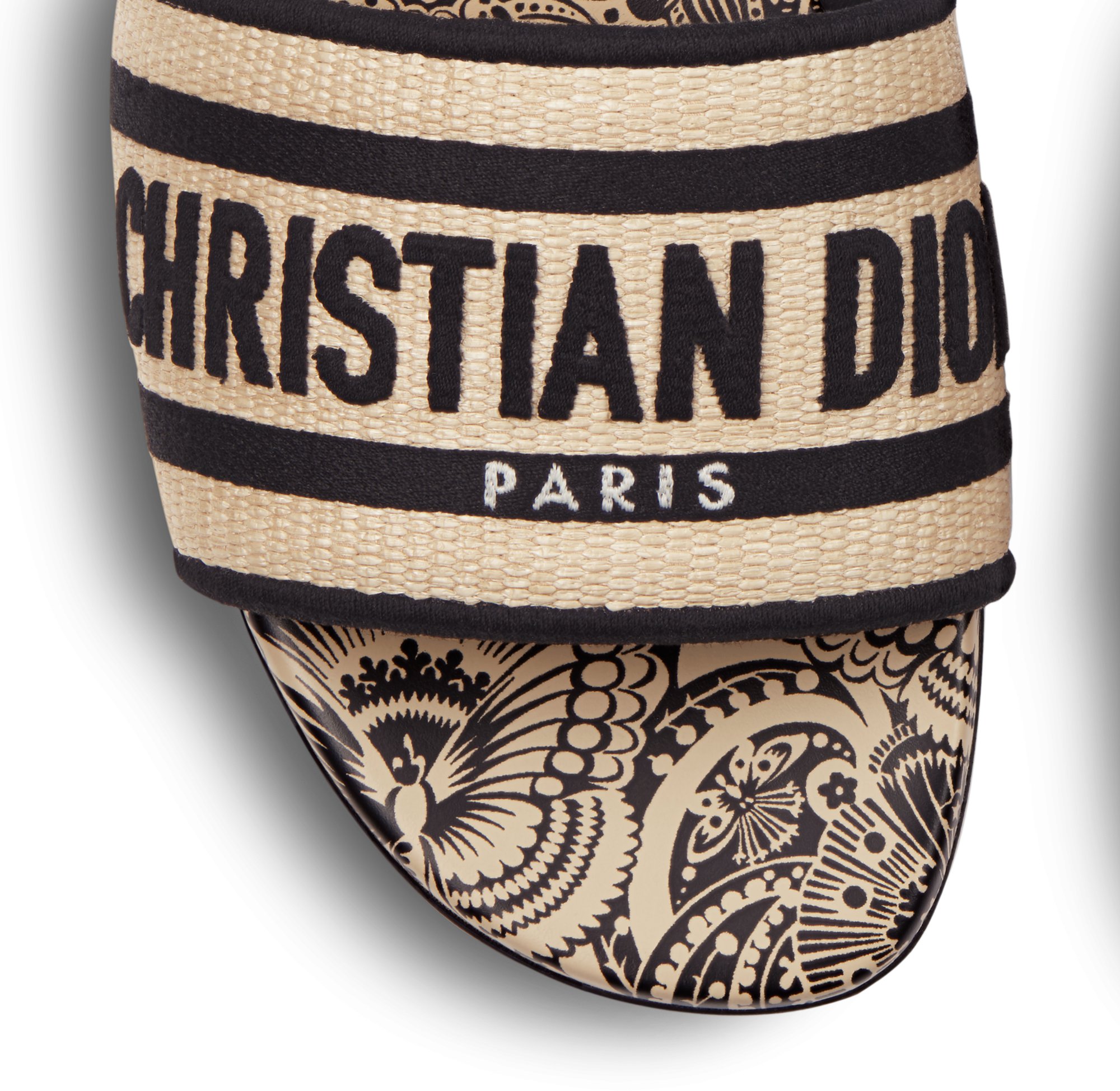 Dway Slide Natural Raffia and Black D-Butterfly Paisley Motif | DIOR