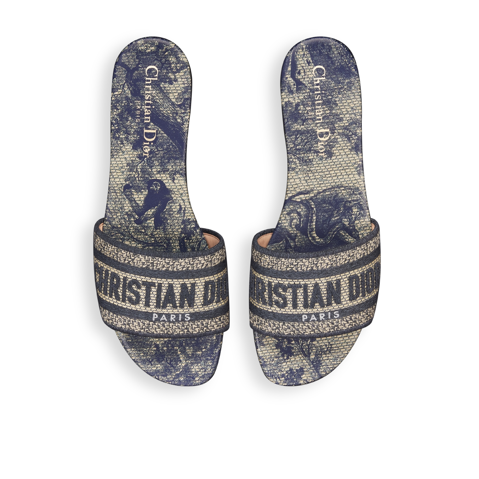 Mule Dioriviera Dway Jacquard en azul denim, rafia color crudo y motivo ...