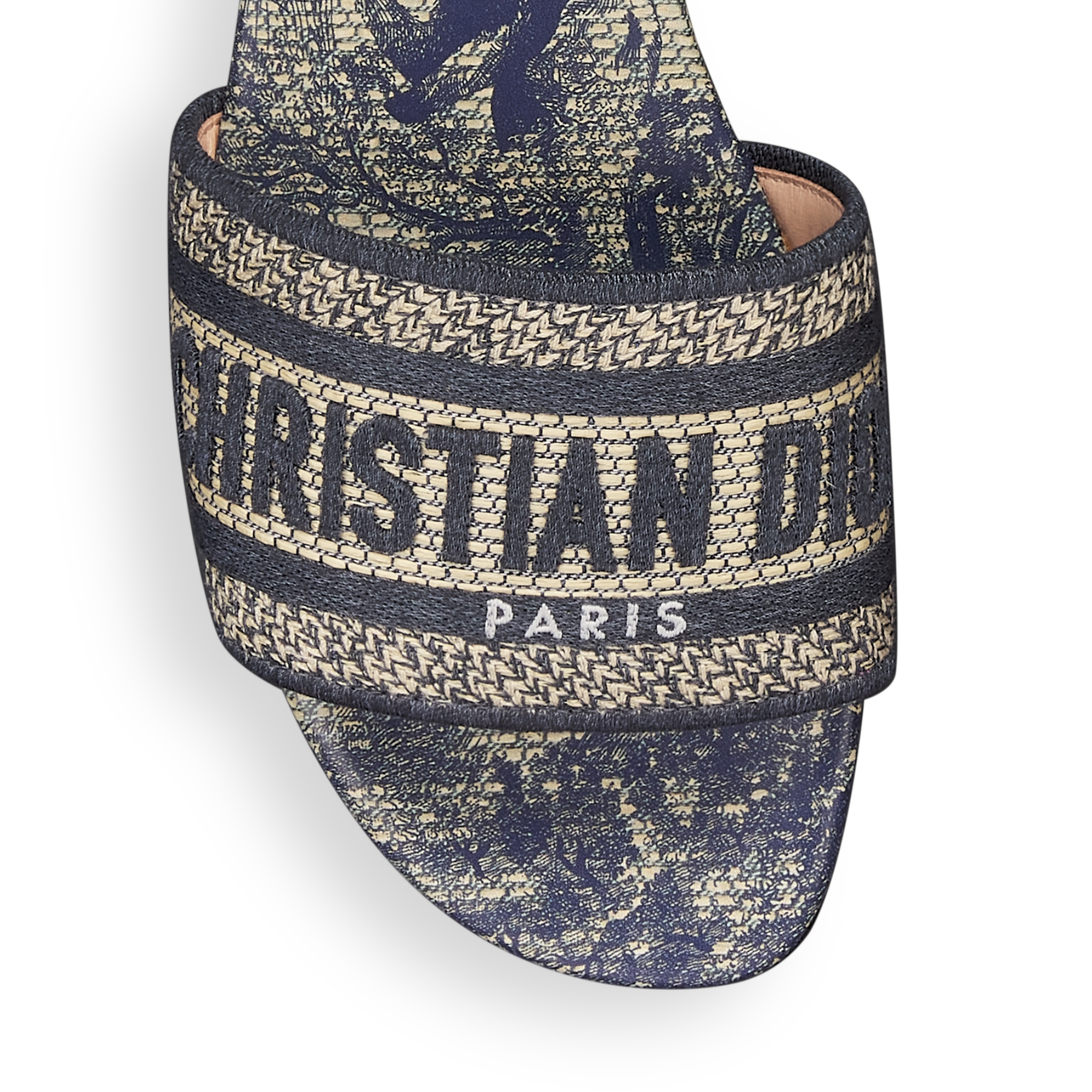 Mule Dioriviera Dway Jacquard en azul denim, rafia color crudo y motivo ...