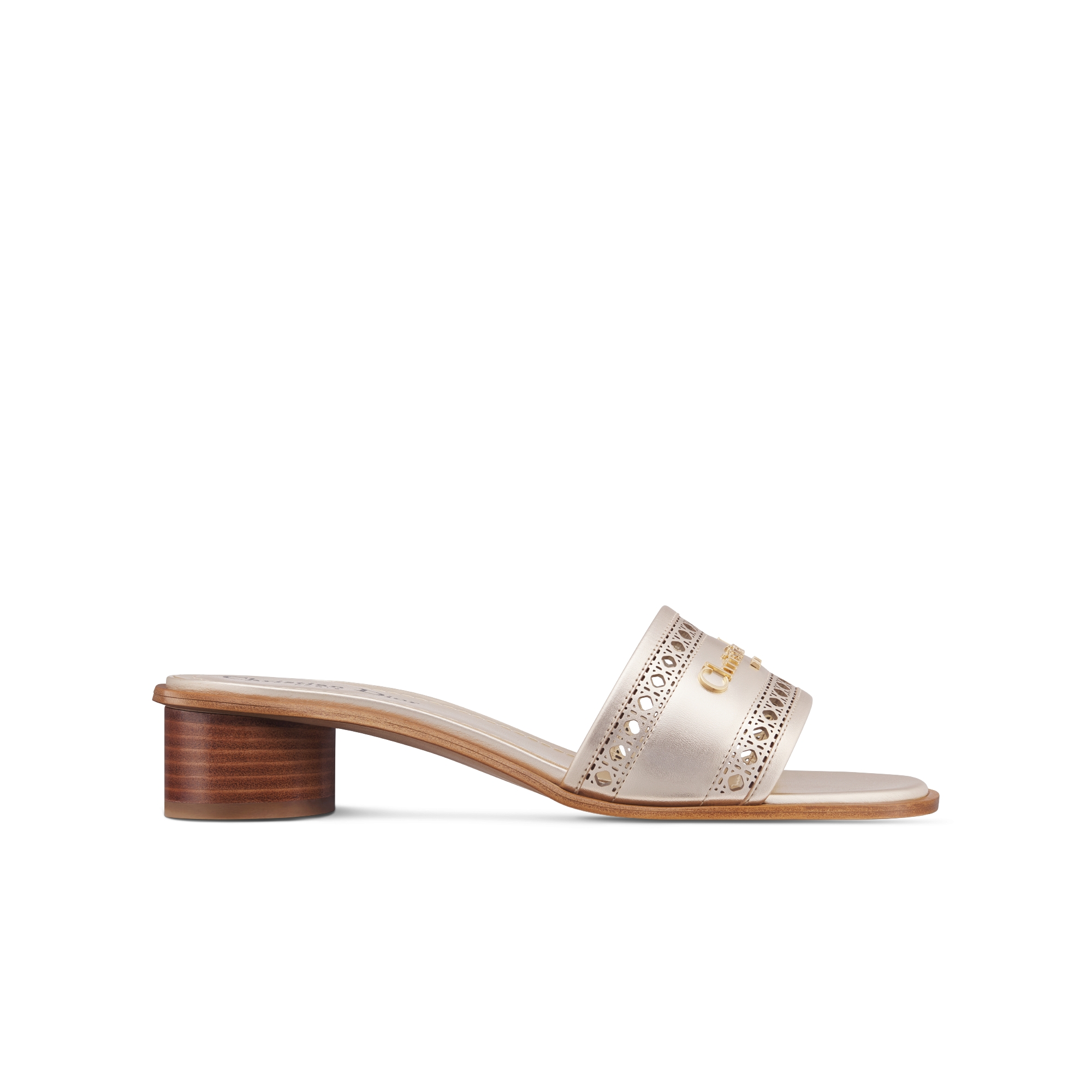 Dior Or D-Lane Heeled Slide Gold-Tone Openwork Microcannage Laminated ...