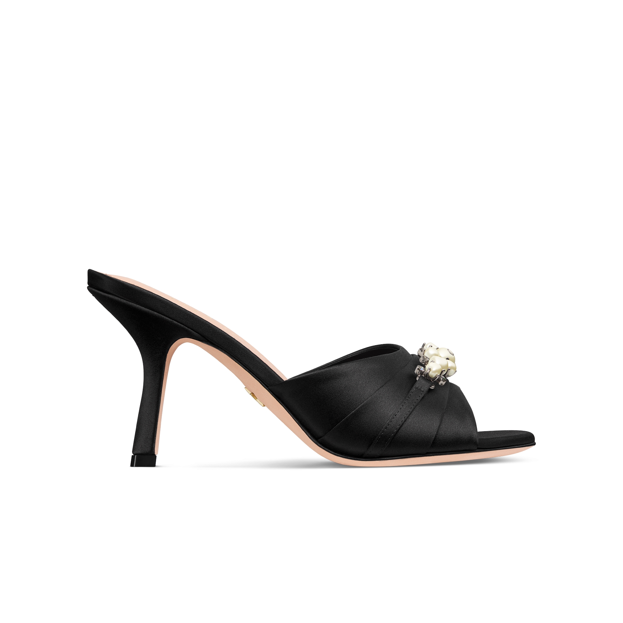 Mule à talon Dior Paris Satin noir, perles en résine blanche et ...