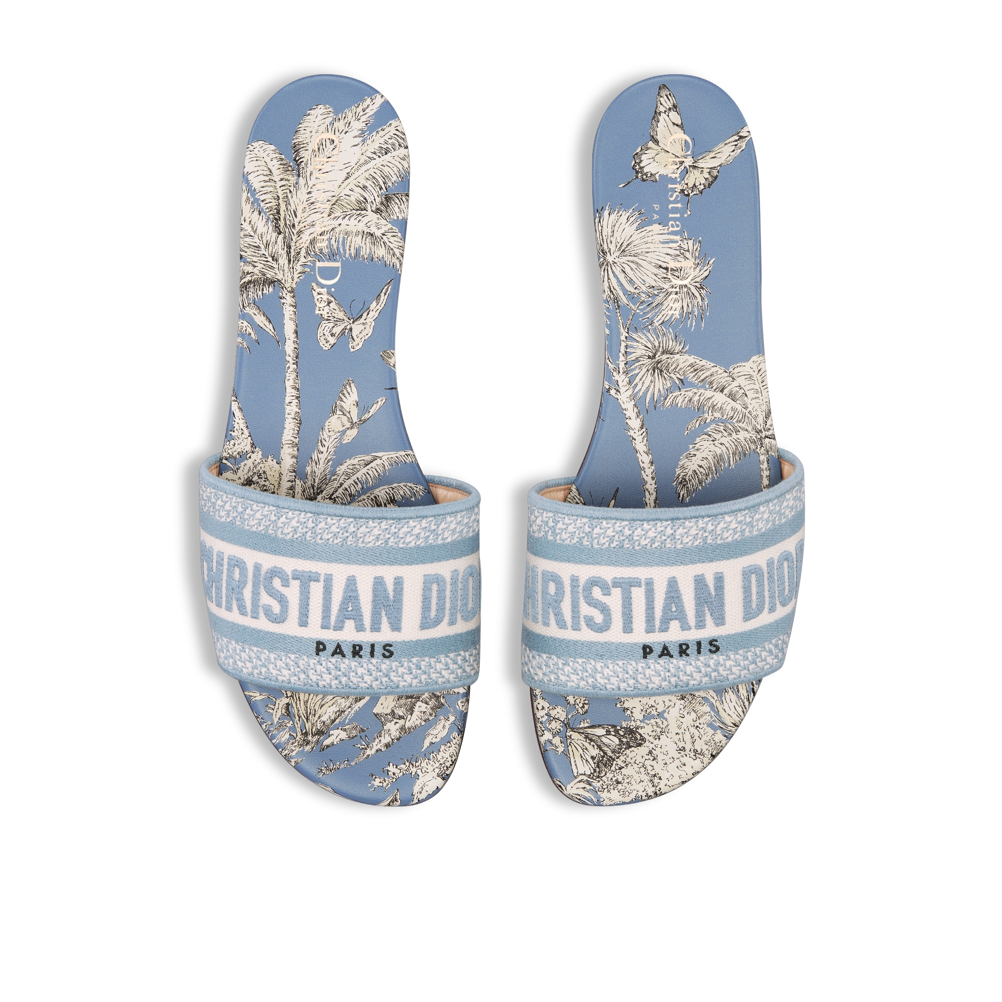 Slide Dioriviera Dway Algodão bordado e motivo Toile de Jouy Palms azul ...