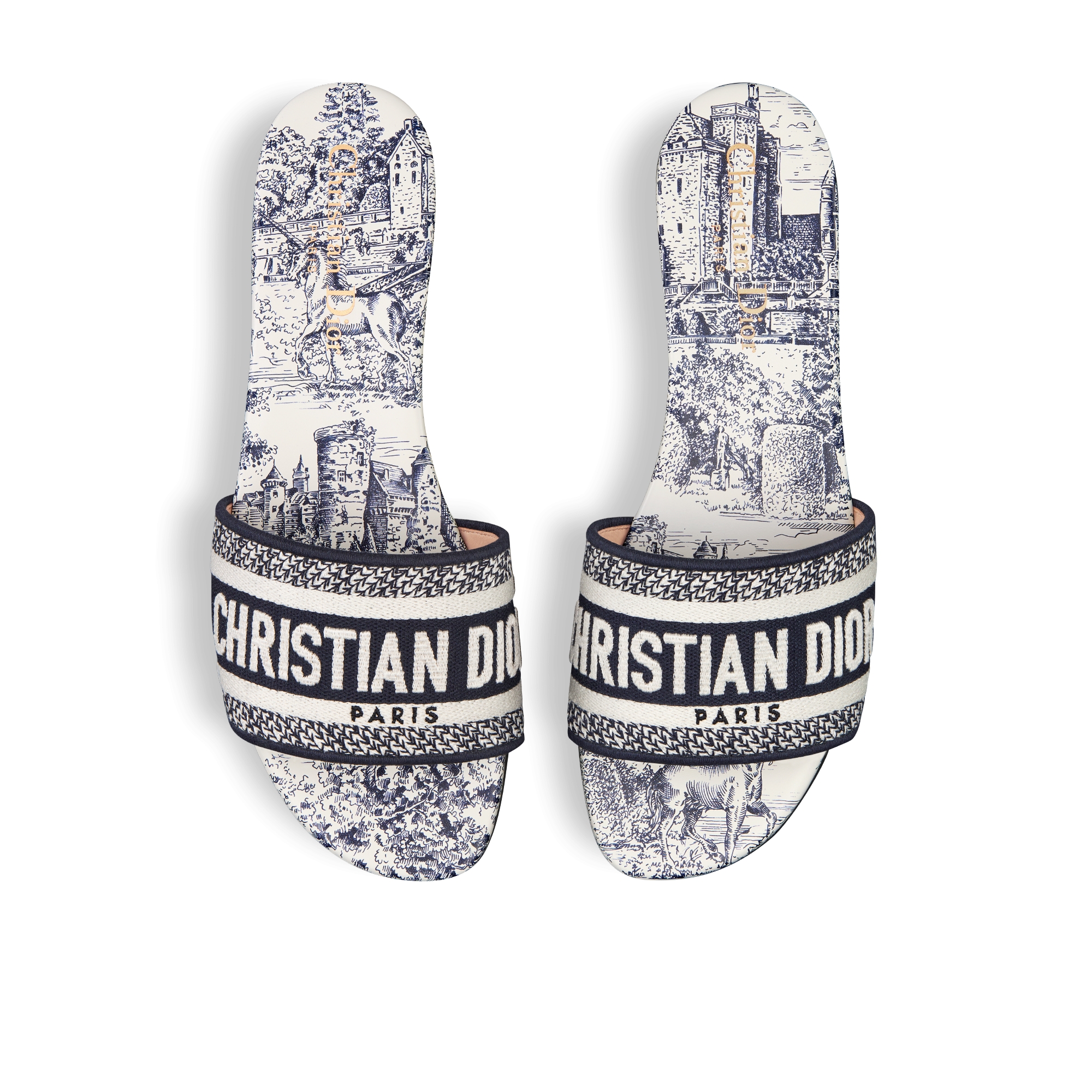 Slide Dway Algodão bordado e motivo Toile de Jouy Scotland azul-escuro ...