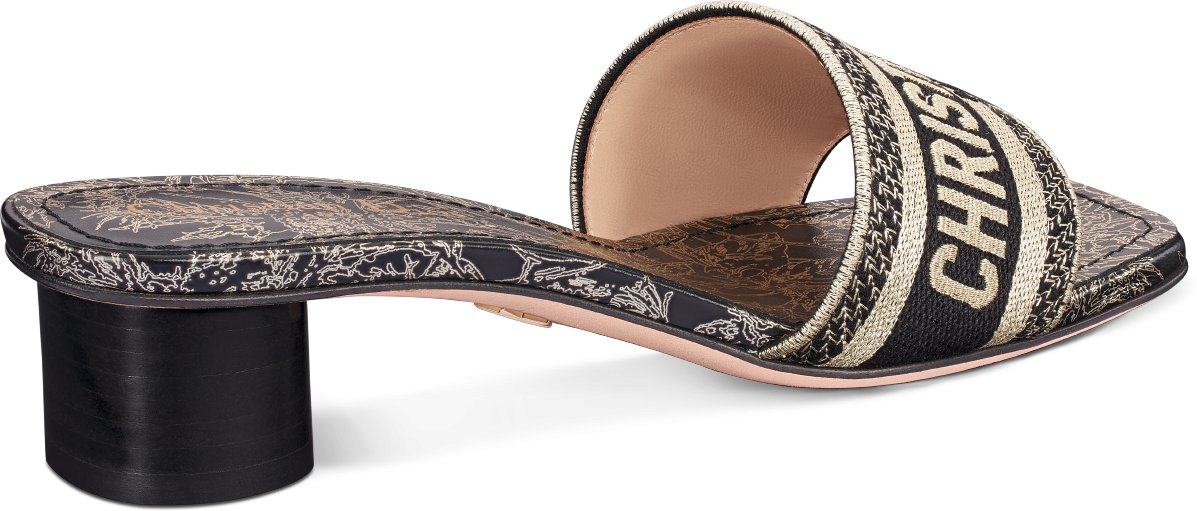 Dway Heeled Slide Cotton Embroidered with Metallic Thread and Black and Gold-Tone Dior Chardons ...