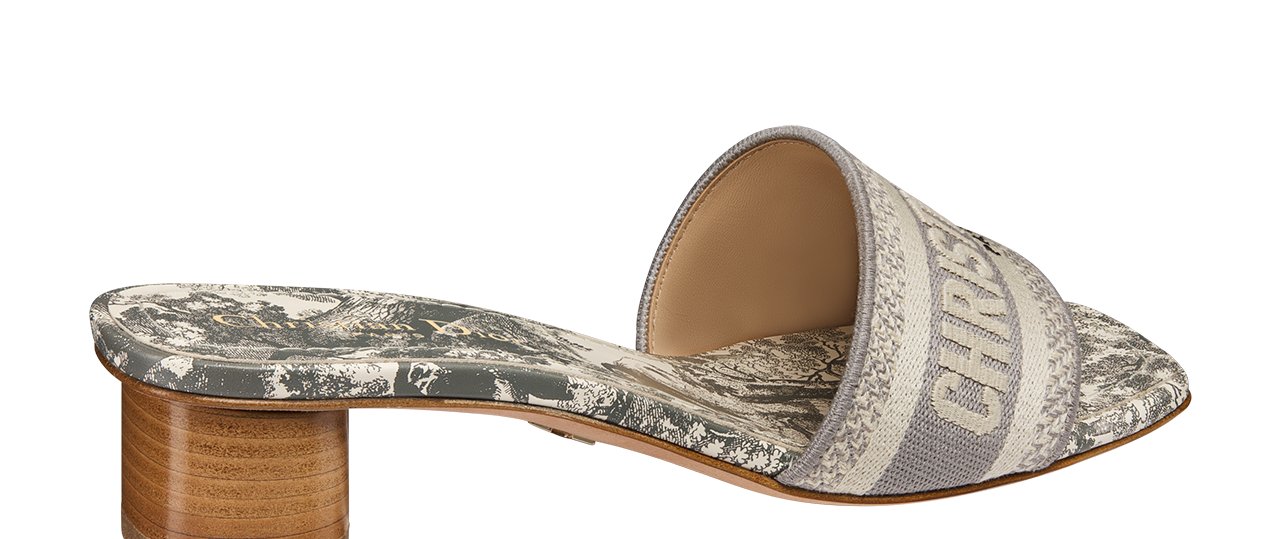 Mule à talon Dway Coton brodé et motif Toile de Jouy Sauvage gris | DIOR