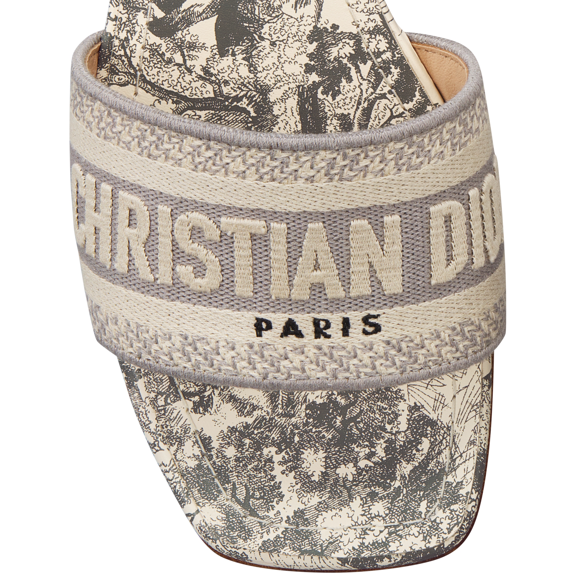 Dway Heeled Slide Gray Embroidered Cotton and Toile de Jouy Sauvage ...