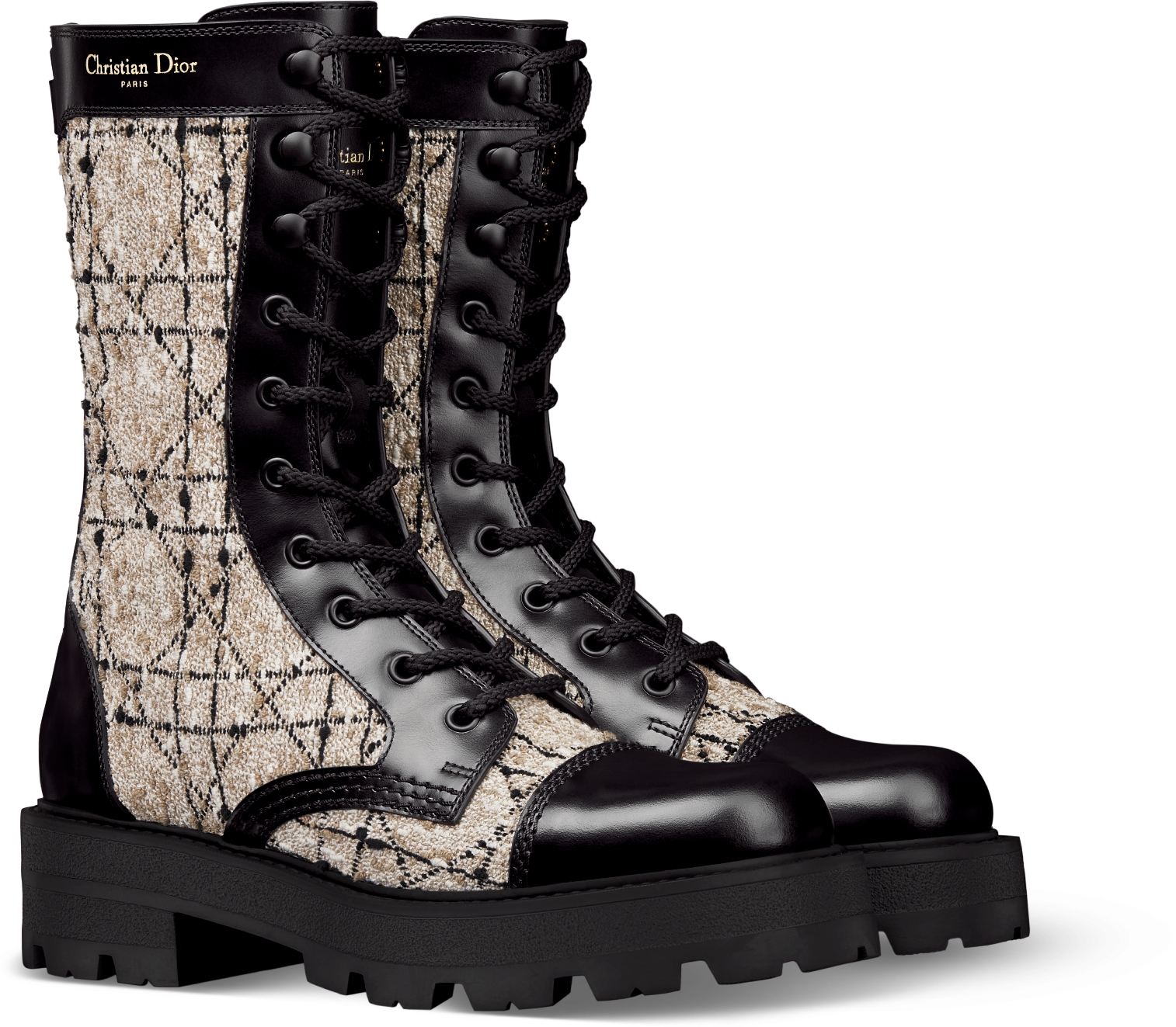 D-Unit Ankle Boot Black Calfskin with Beige and Black Cannage Tweed | DIOR