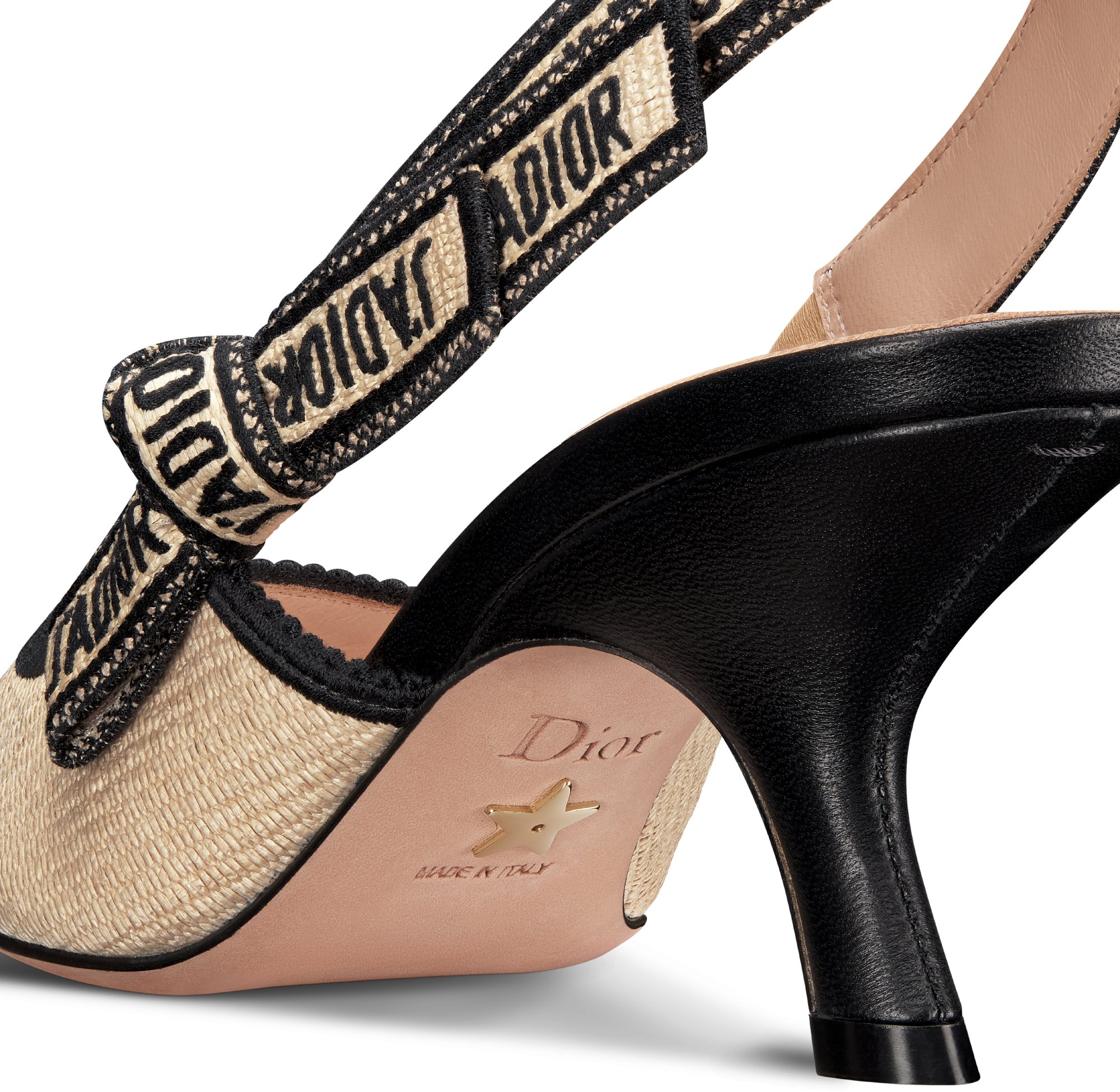 Escarpin slingback J'Adior Raphia couleur naturel et coton brodé noir ...
