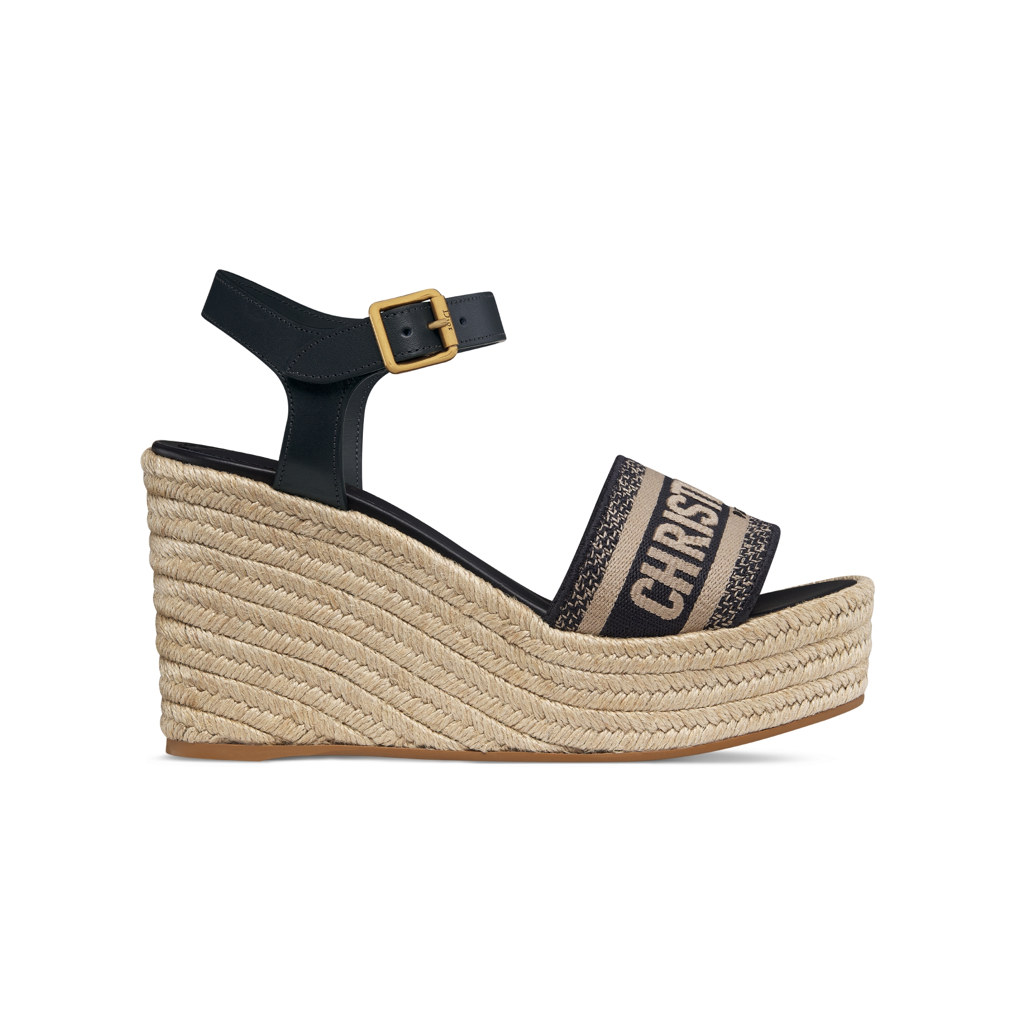 Dway Wedge Sandal Deep Blue Calfskin and Embroidered Cotton | DIOR