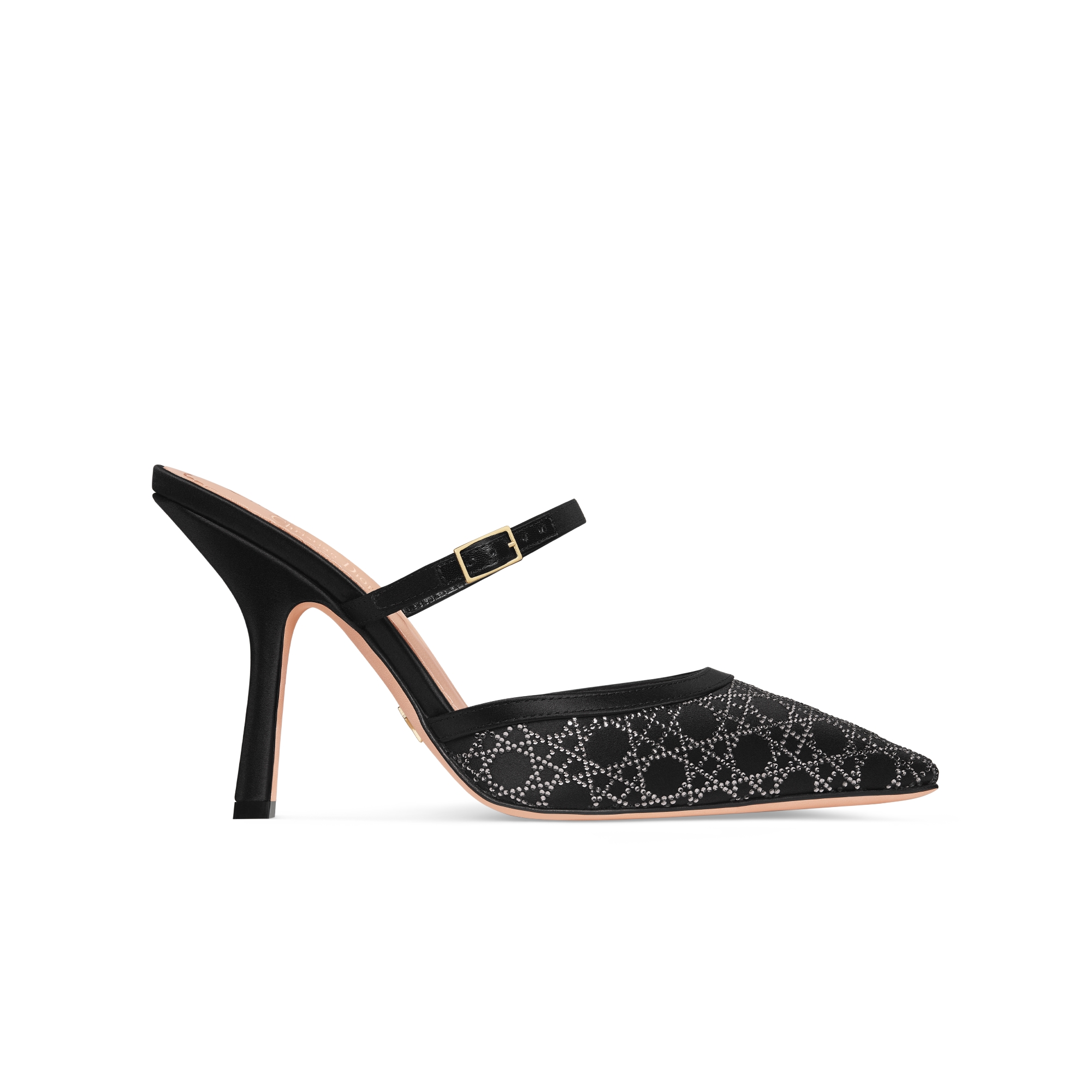 Dior Capture Heeled Mule Black Satin with Silver-Tone Strass Cannage ...