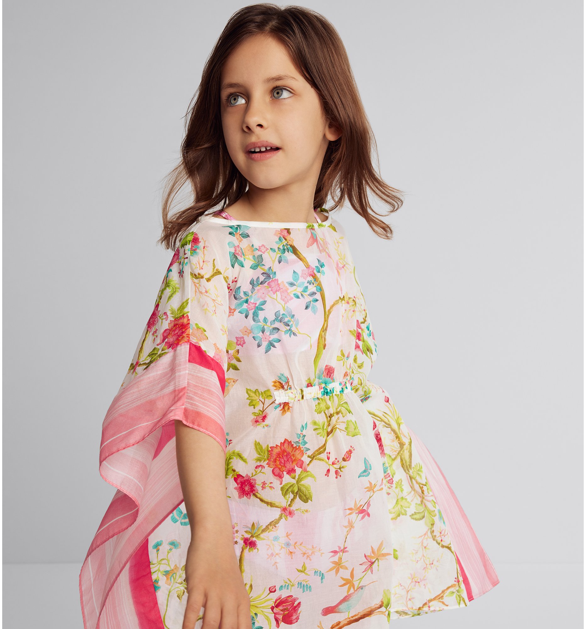 Kids' Caftan Dress Ivory Cotton Voile with Multicolor Exotic Riviera ...