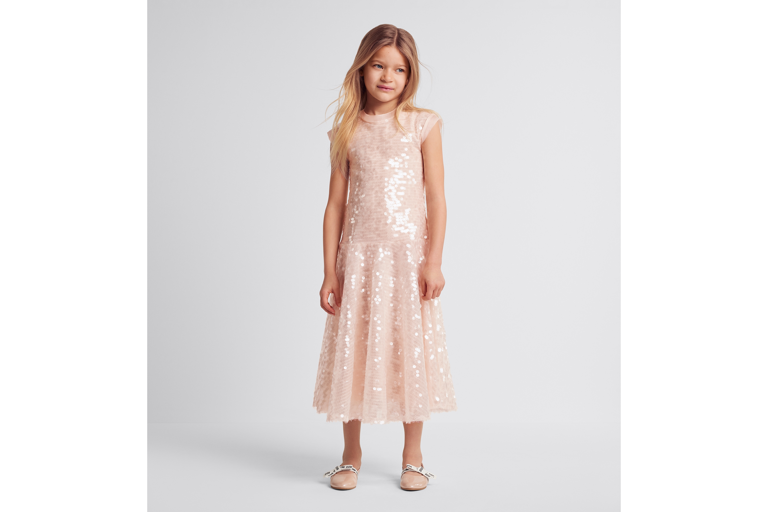 Kids' Long Dress Pale Pink Tulle Embroidered with Sequins | DIOR