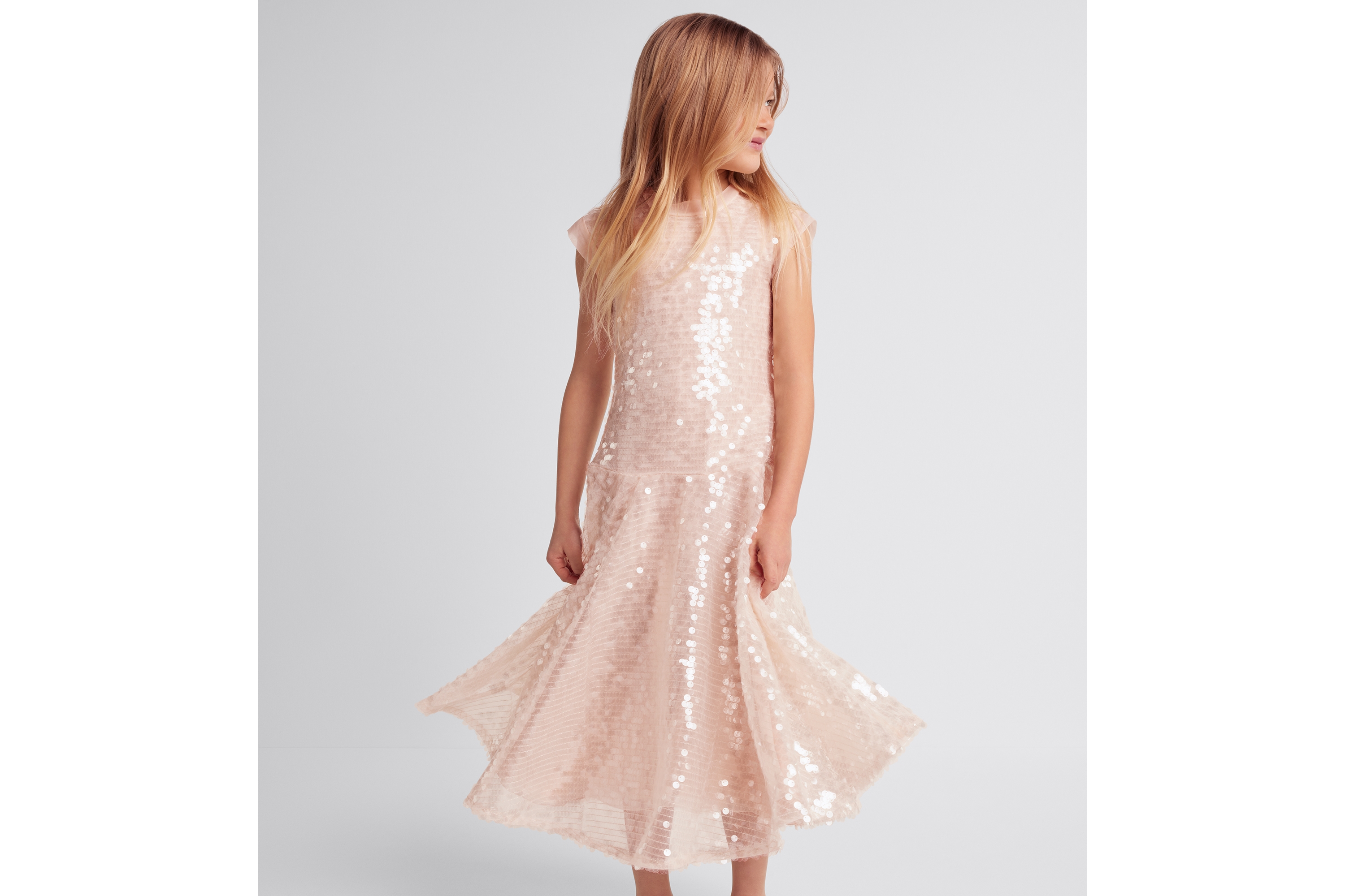 Kids' Long Dress Pale Pink Tulle Embroidered with Sequins | DIOR