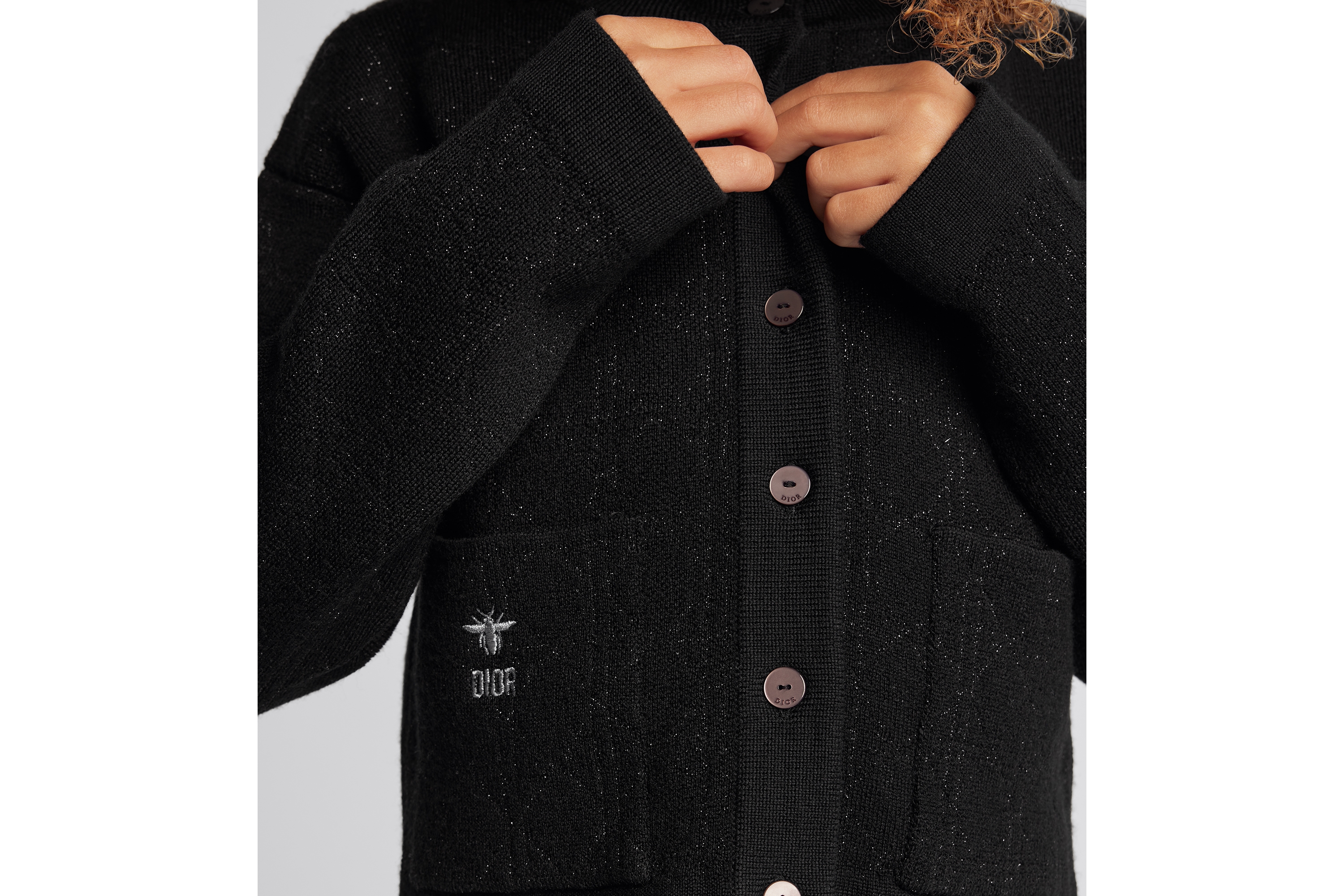 Kids' Cardigan Jacket Black Wool Blend Knit with Shiny Cannage in Jacquard | DIOR