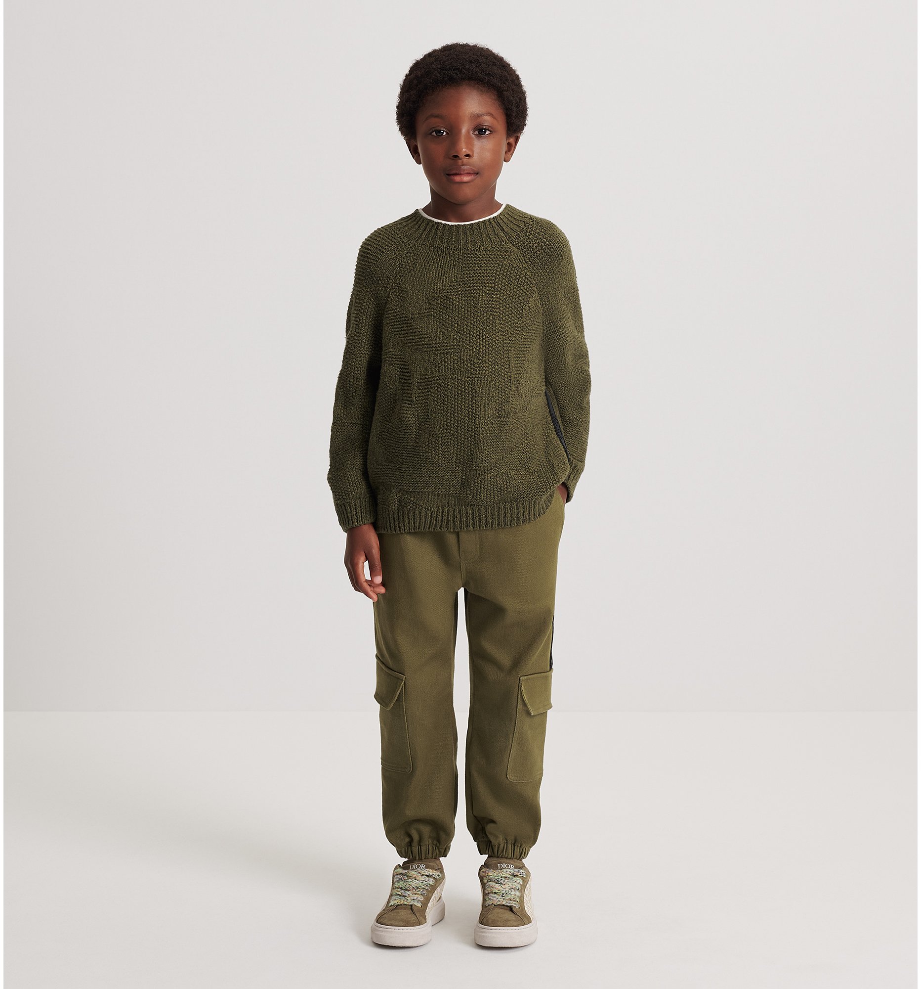 Pull enfant Maille de coton et cachemire à motif tulipes kaki | DIOR