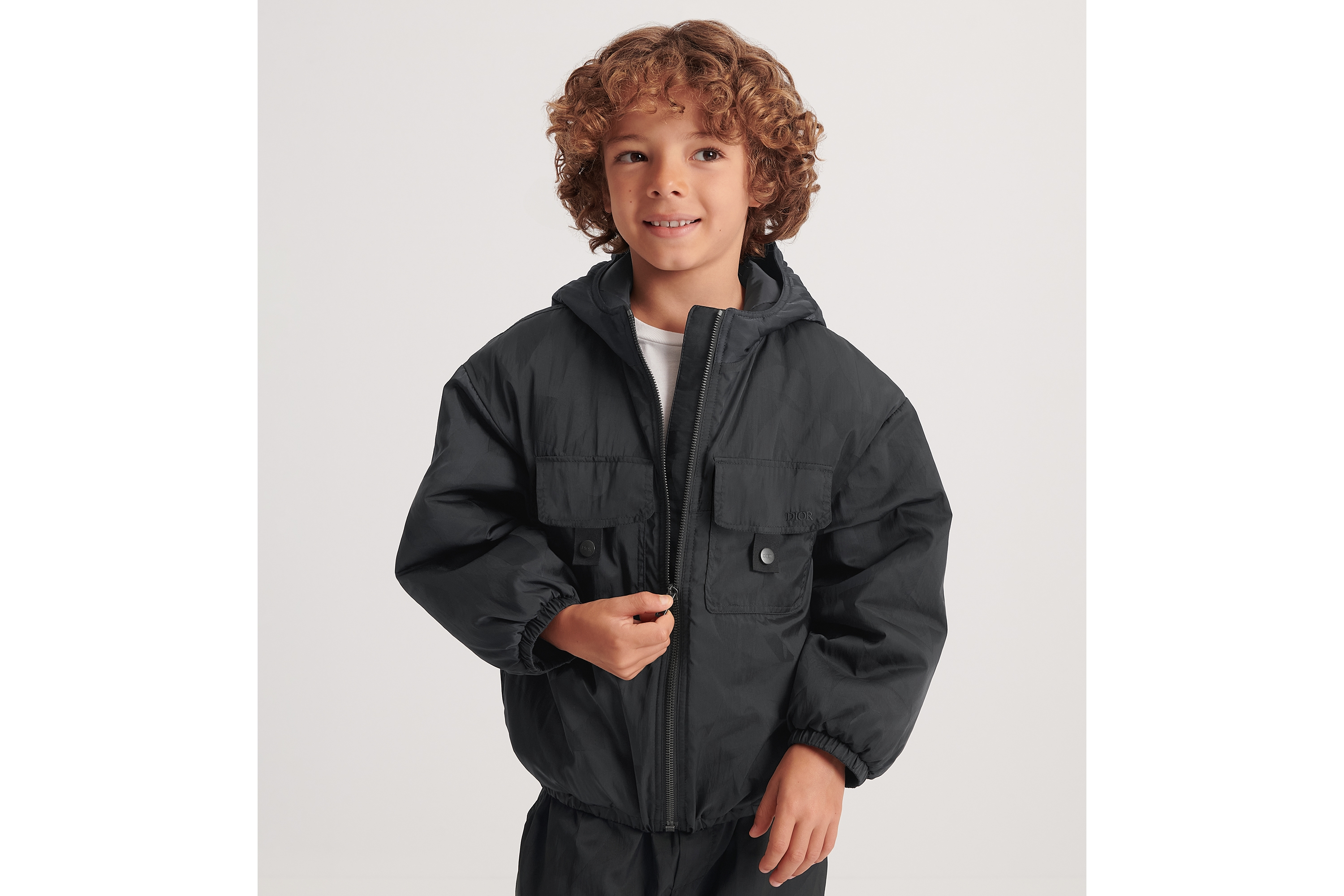 Kids' Hooded Jacket Black Water-Repellent Technical Jacquard with ...