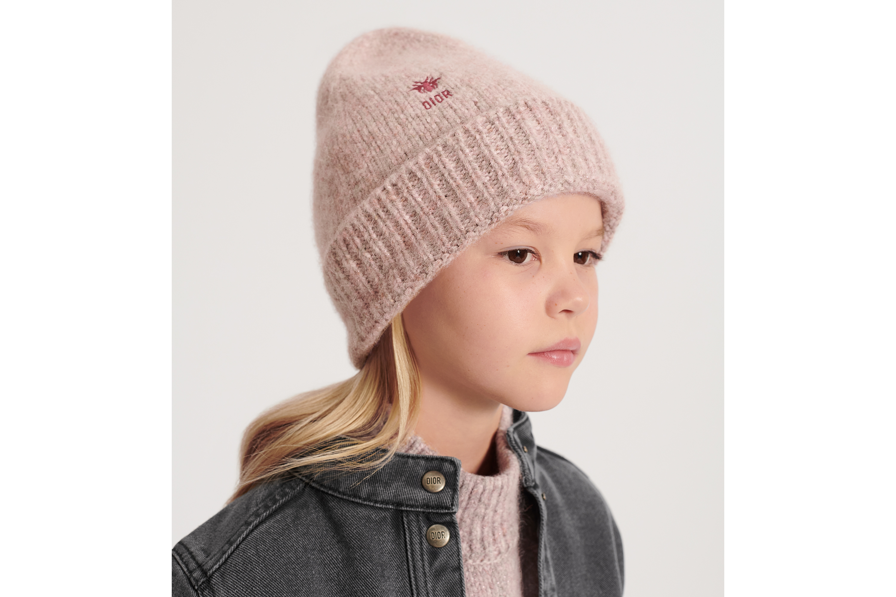 Kids' Beanie Antique Pink and Gray Cotton, Alpaca and Wool Mouliné Knit ...