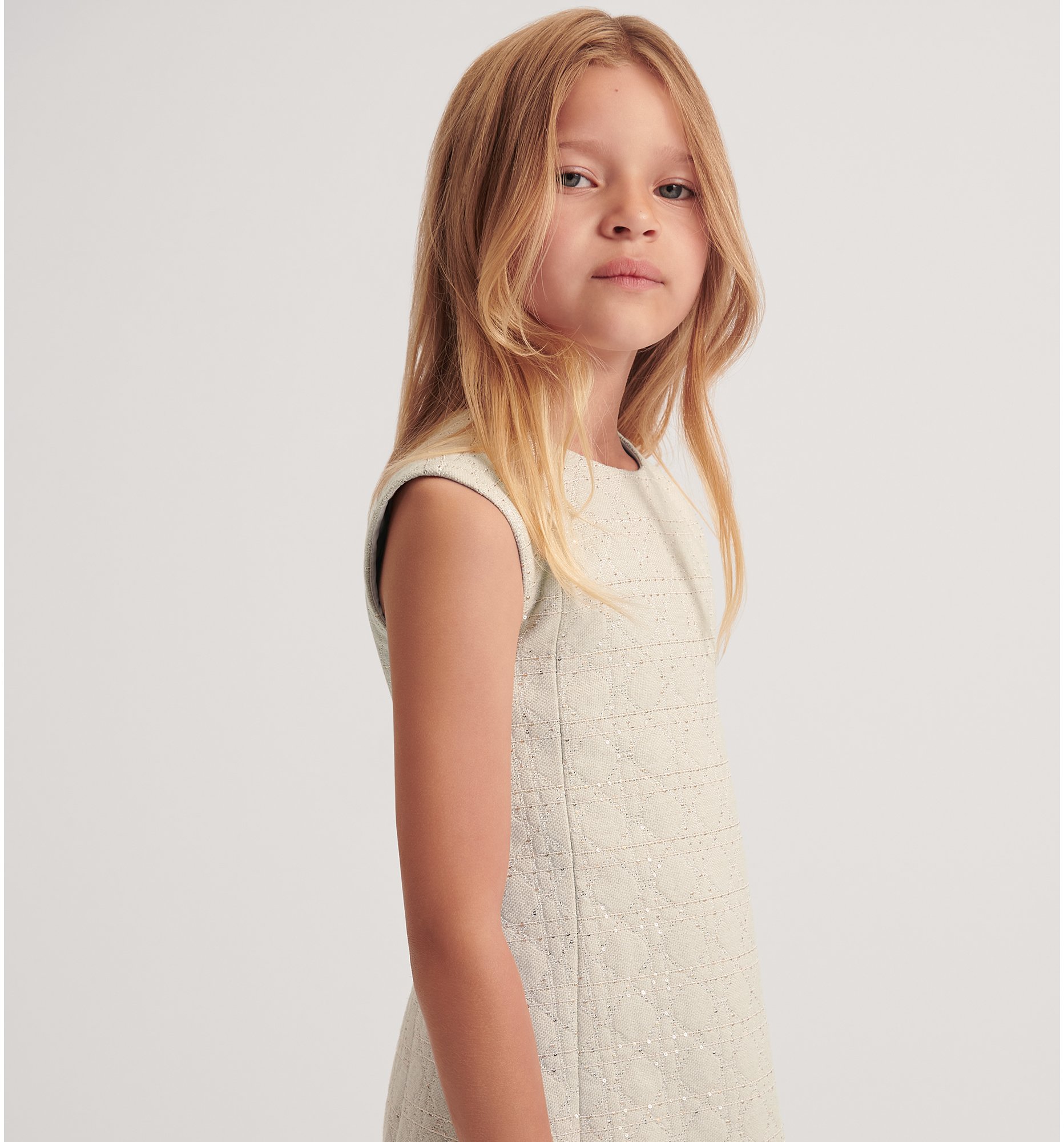 Kids' A-Line Dress Ivory Cotton Tweed with Gold-Tone Cannage | DIOR