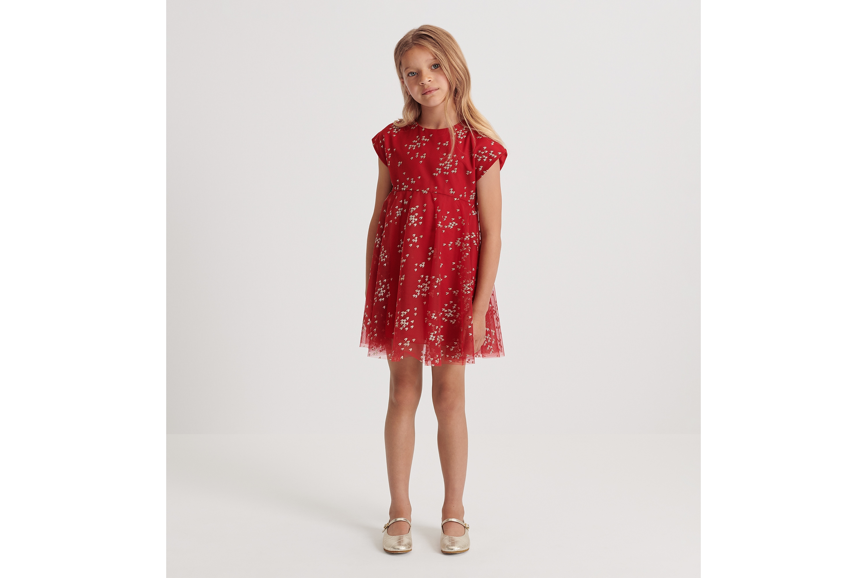 Kids' Flared Dress Red Tulle with Cascading Gold-Tone Houndstooth ...