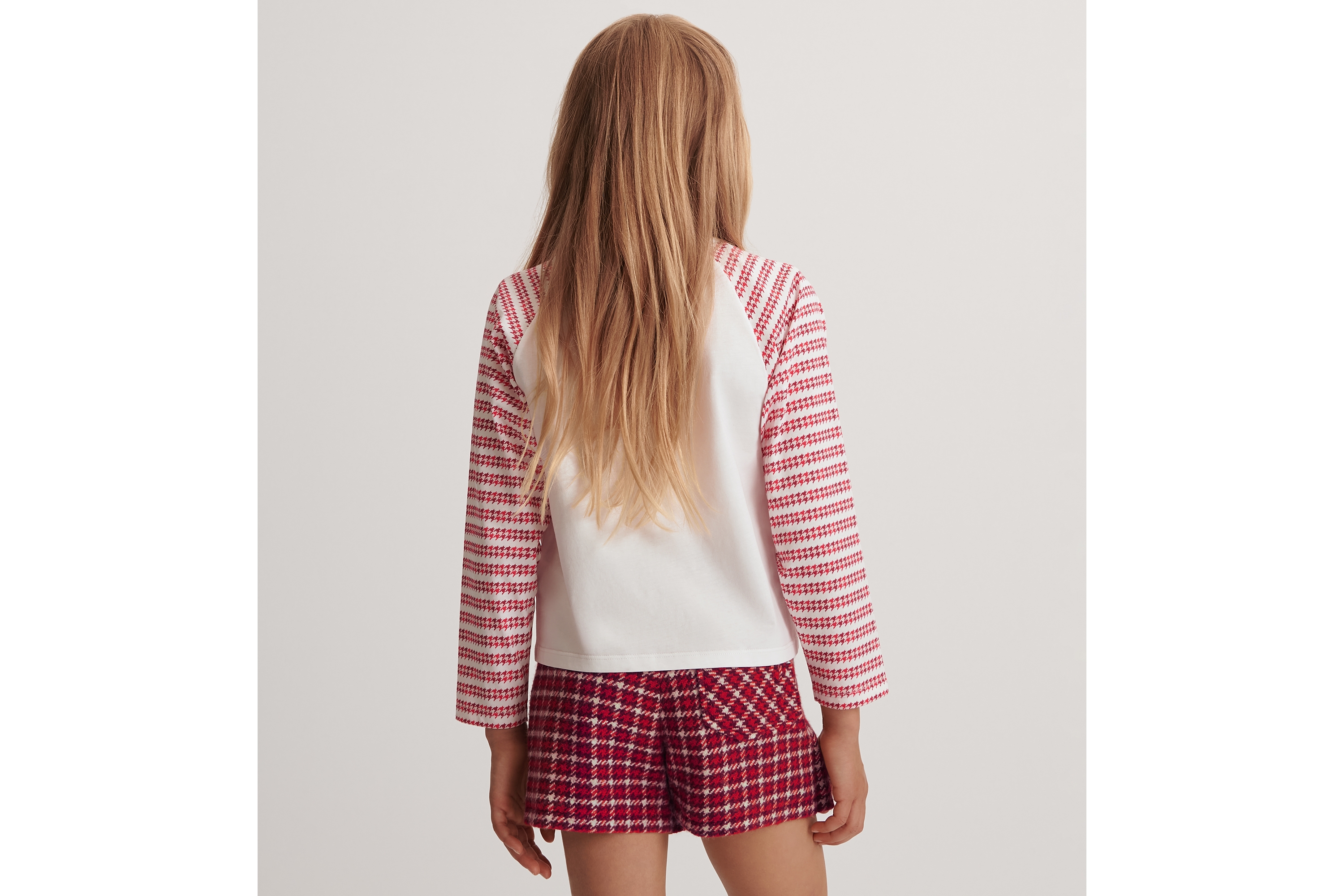 Kids' Long-Sleeved T-Shirt Ivory Cotton Jersey with Red Houndstooth ...