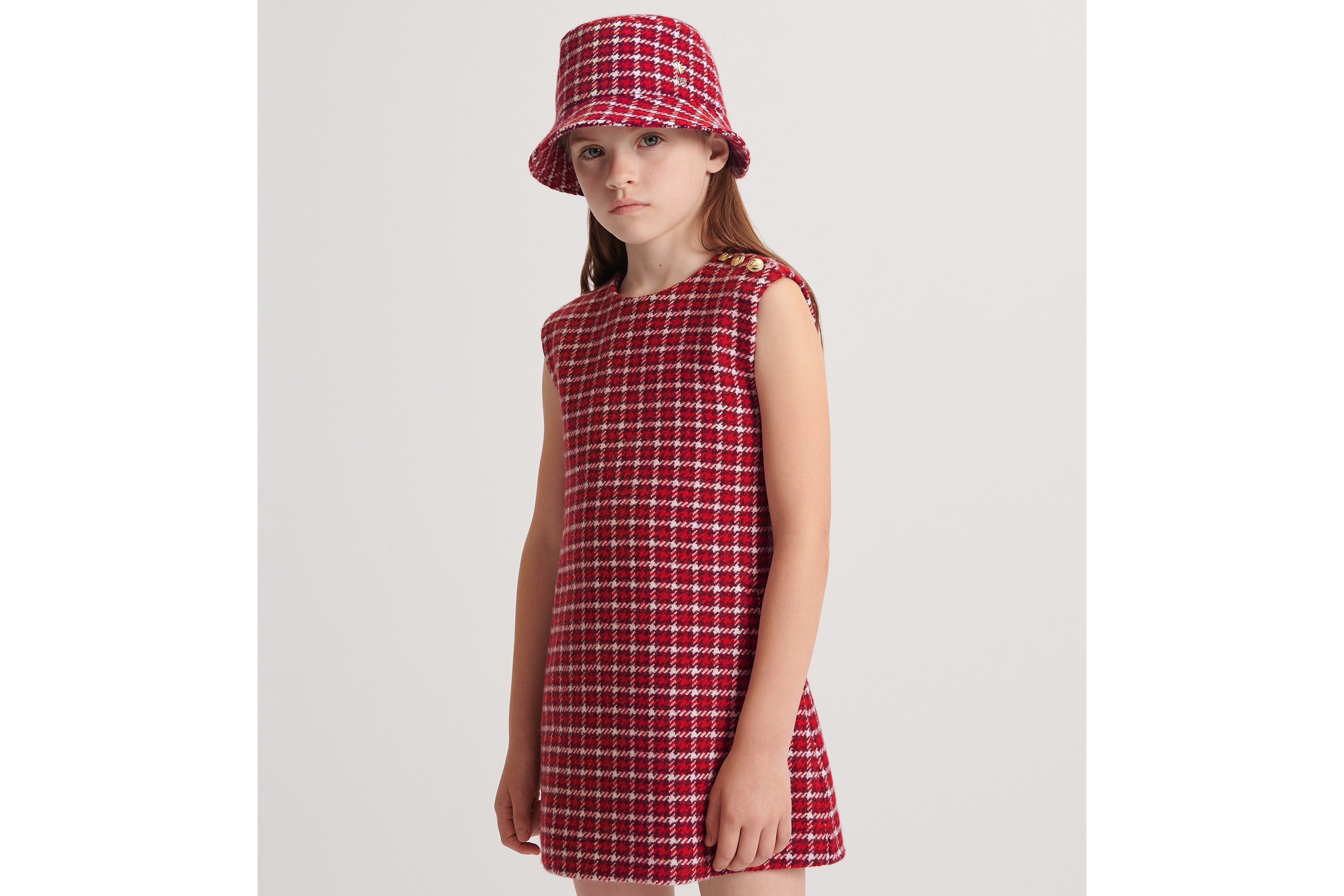 Kids' Straight Dress Metallic White and Red Houndstooth Wool and ...