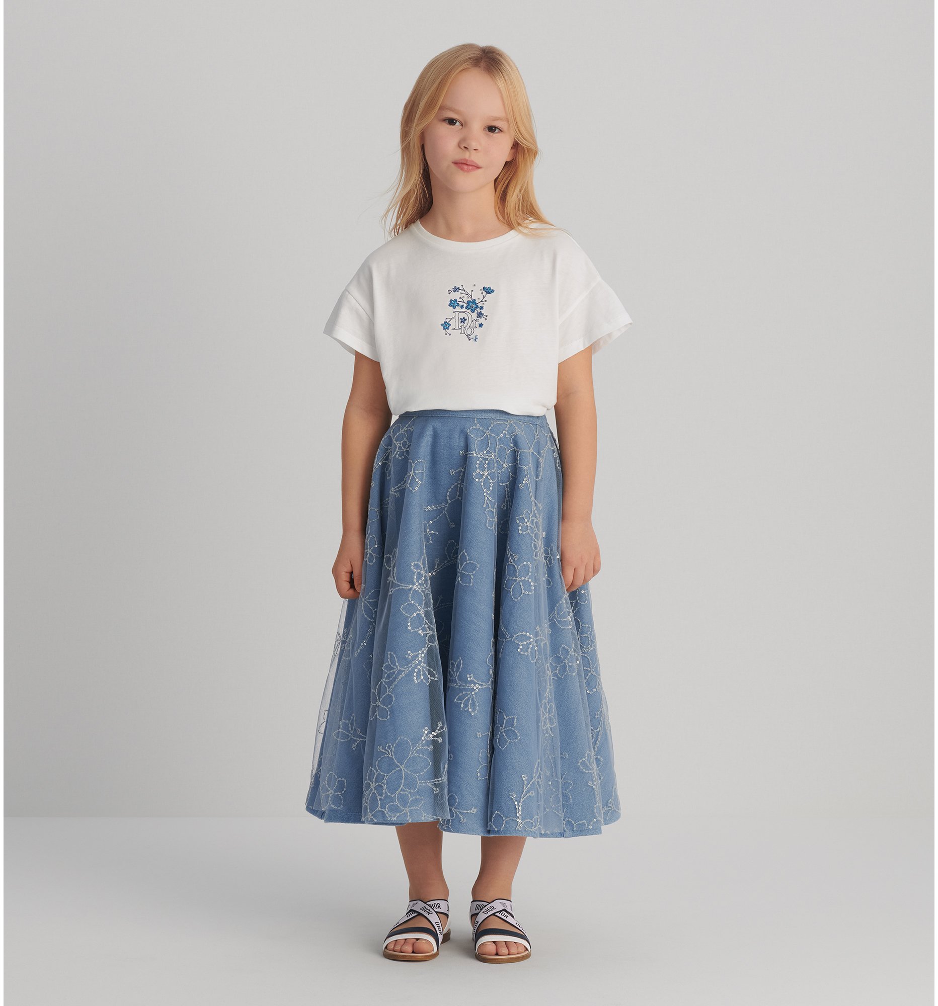 Kids' Long Skirt Blue Cotton Denim and Tulle Embroidered with Ivory ...