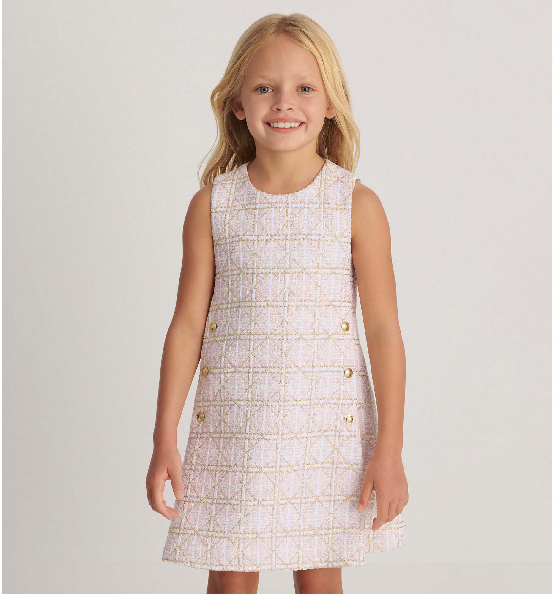 Kids' A-Line Dress Pale Pink Tweed with Gold-Tone Cannage Jacquard ...
