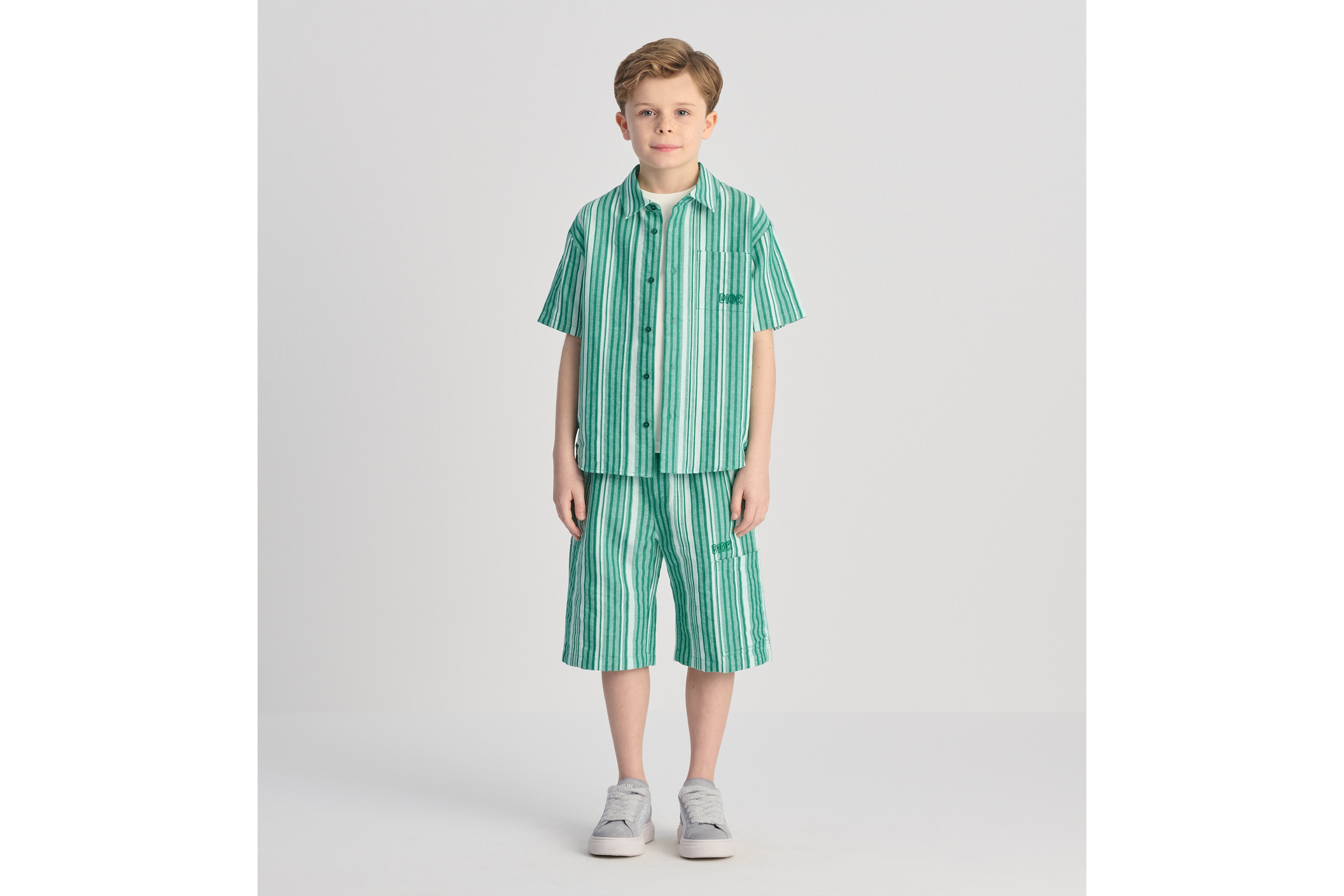 Kids' Short-Sleeved Shirt Ivory- and Green-Striped Cotton and Linen | DIOR