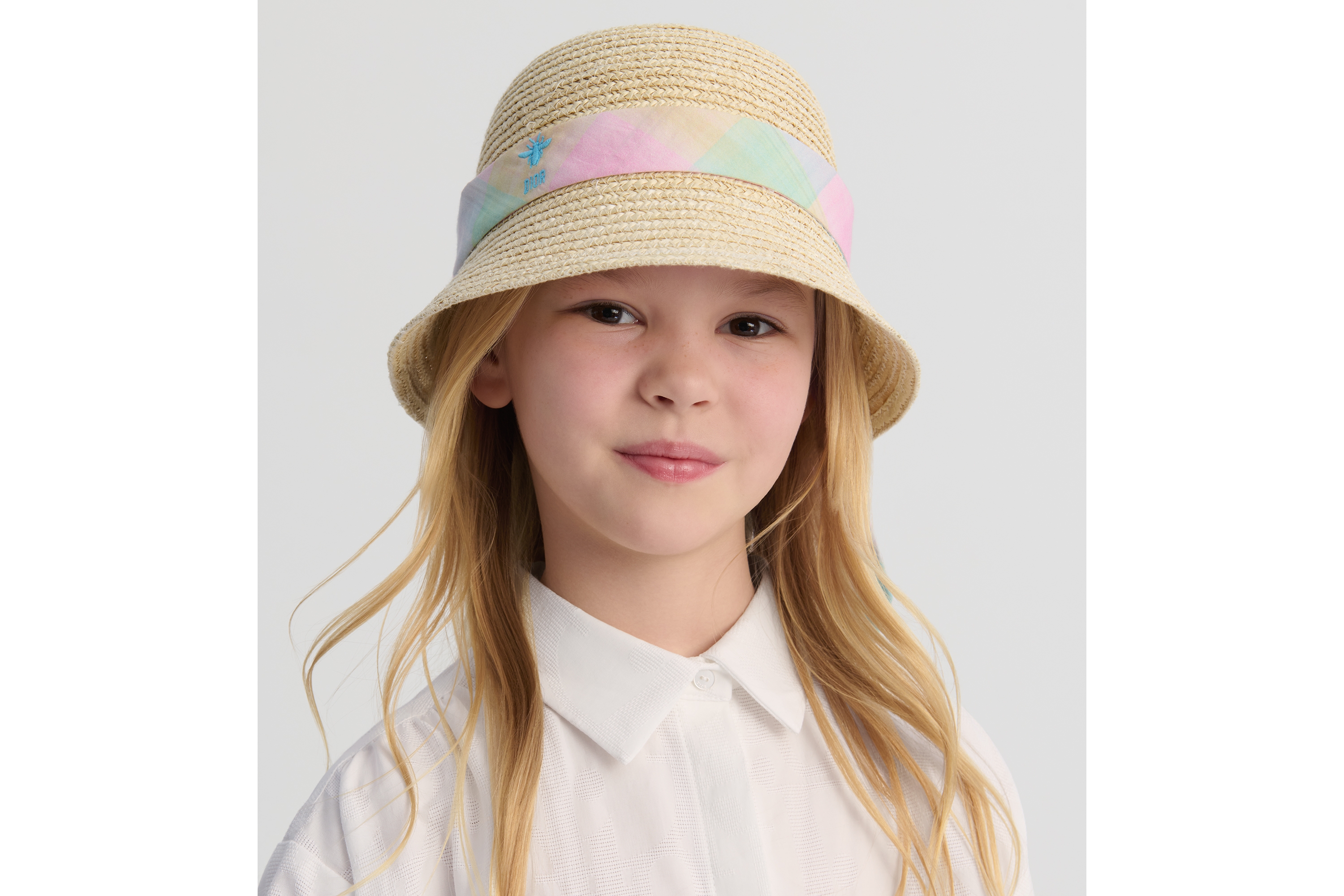 Kids' Hat Natural Straw and Multicolor Madras-Style Cotton Voile | DIOR