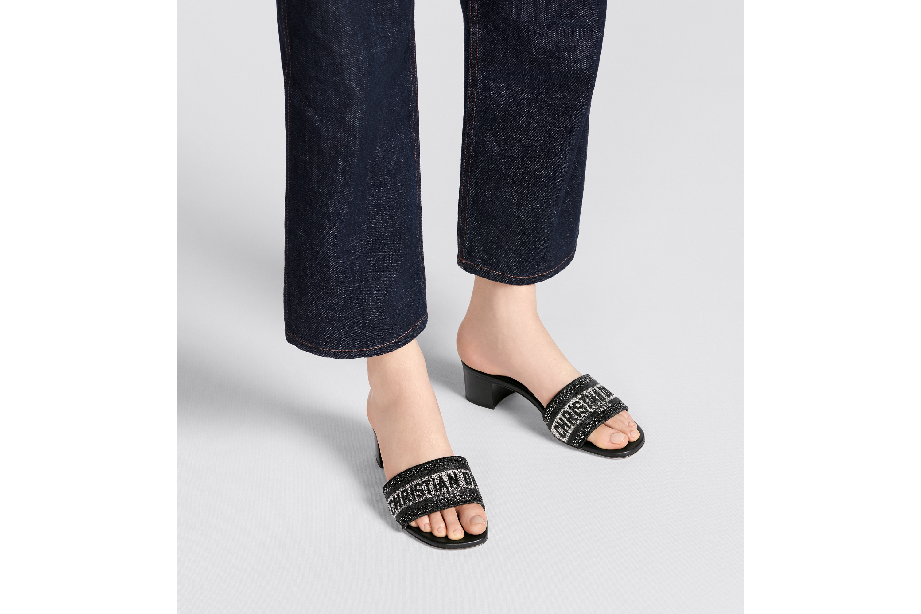 Dway Heeled Slide Black Cotton Embroidered with Metallic Thread and ...