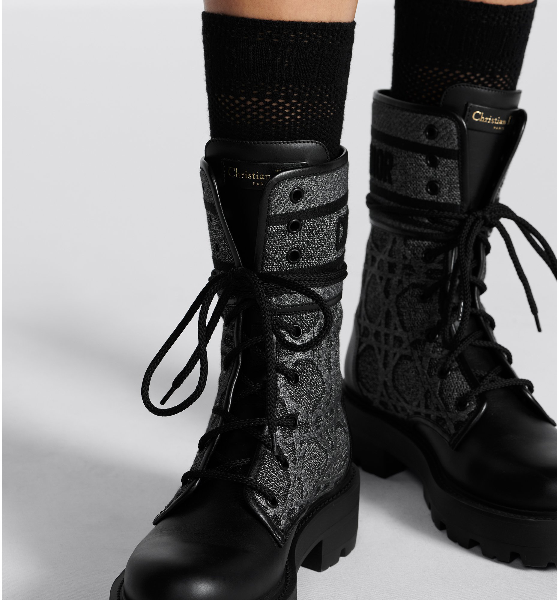 D-Major Ankle Boot Black Calfskin with Gray Embroidered Cannage Cotton ...