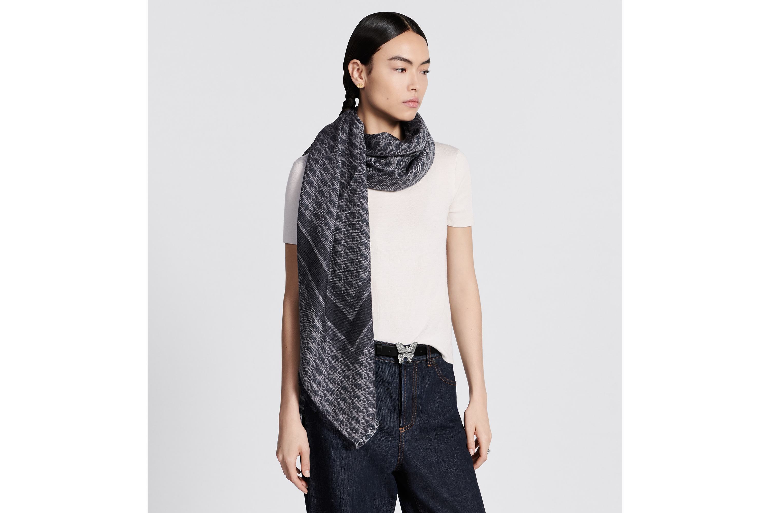 Chal Dior Oblique Lana y seda azul marino | DIOR