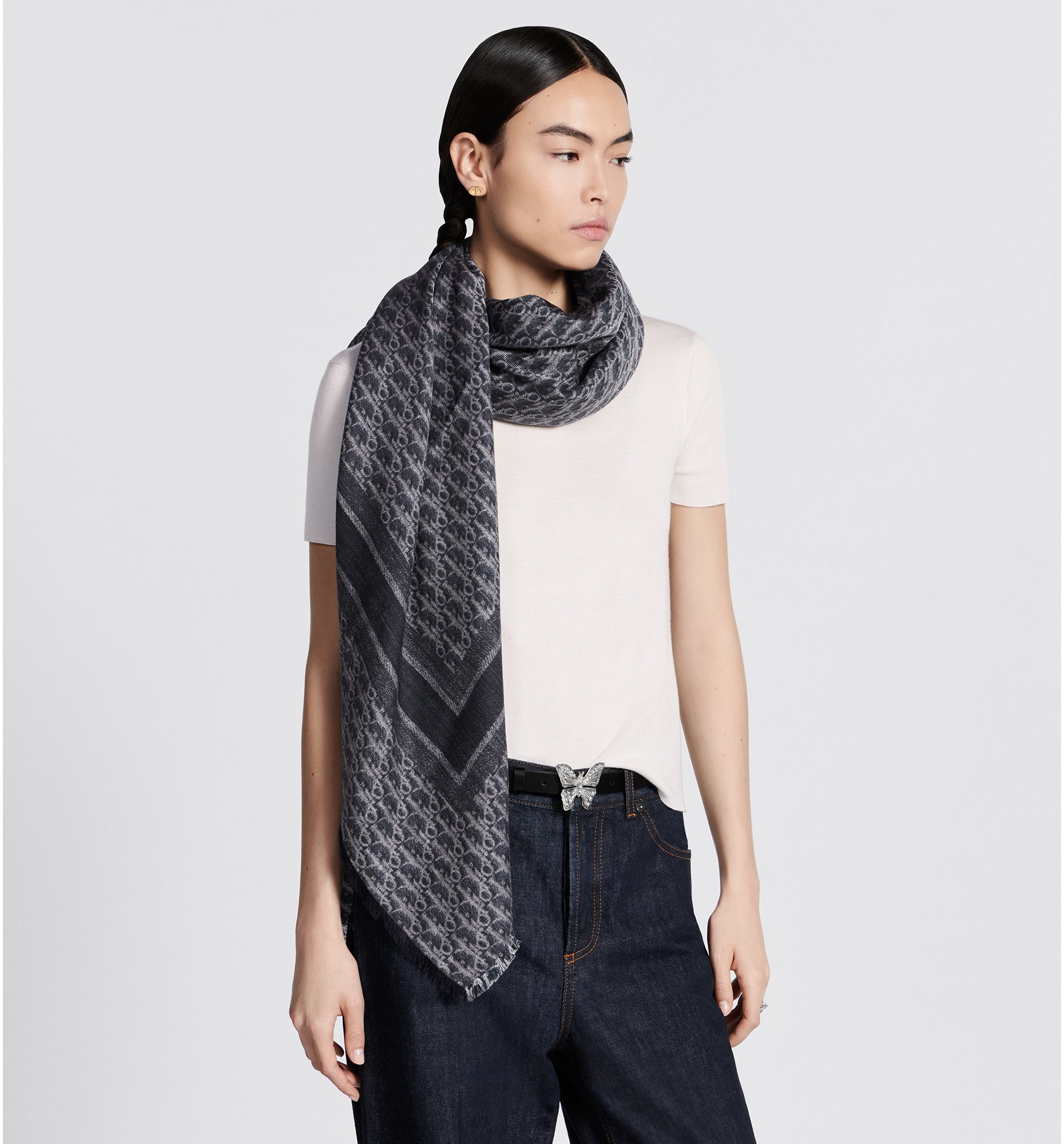 Chal Dior Oblique Lana y seda azul marino | DIOR